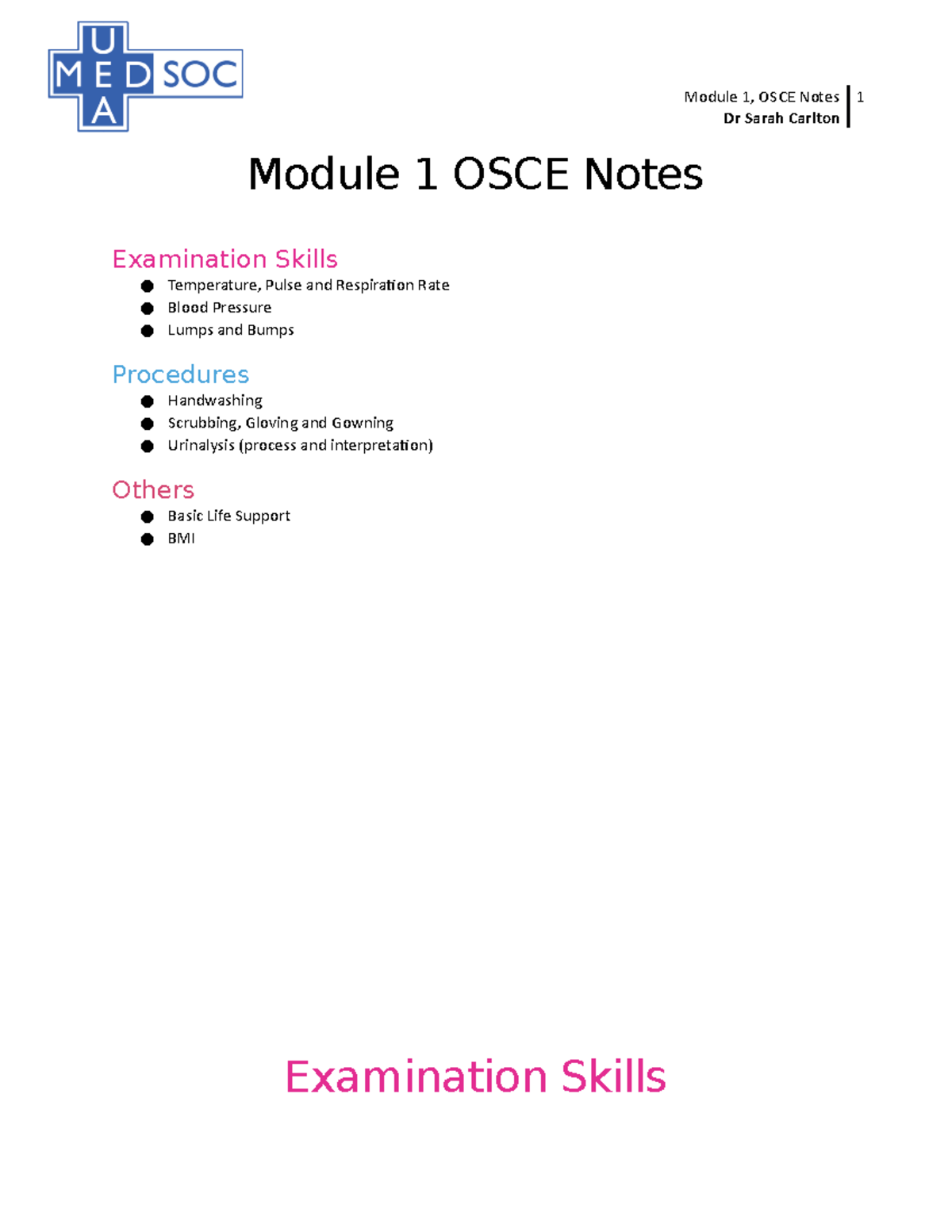 Module 1 OSCE Notes - n/a - Dr Sarah Carlton Module 1 OSCE Notes ...
