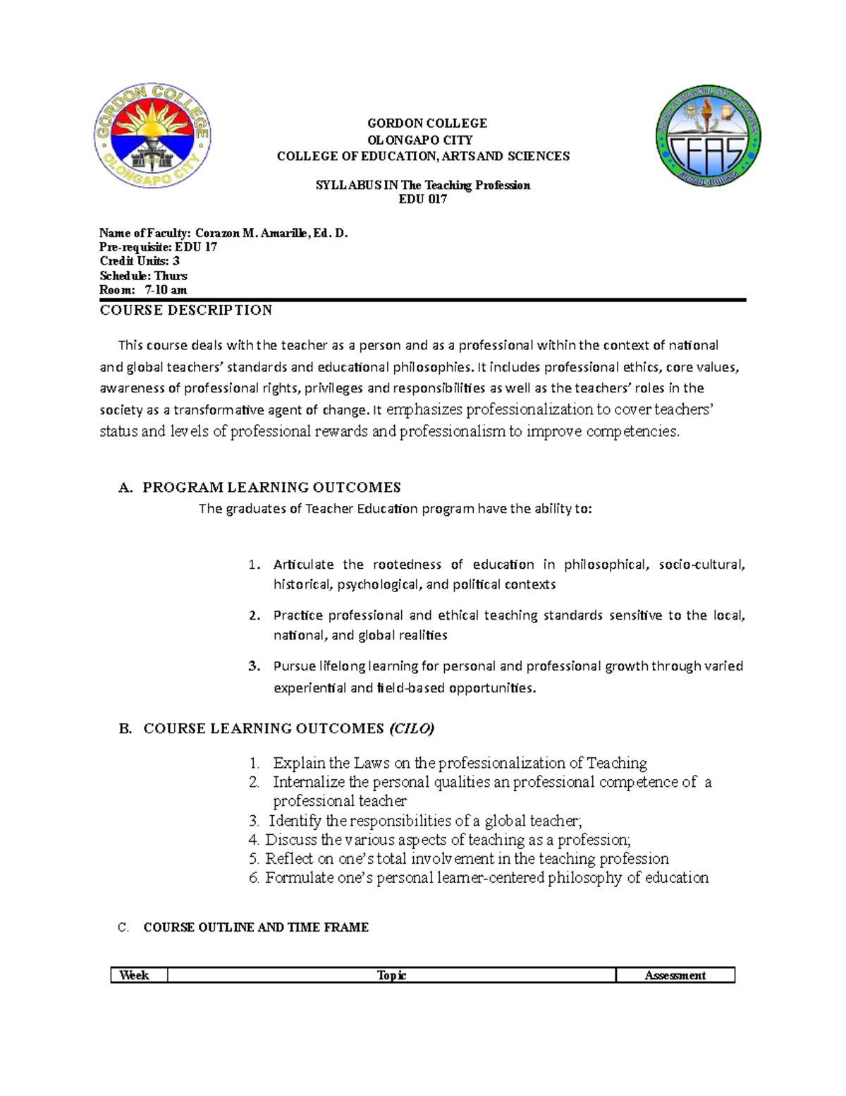 Syllabus for TEaching Prof( Thurs 7) - GORDON COLLEGE OLONGAPO CITY ...