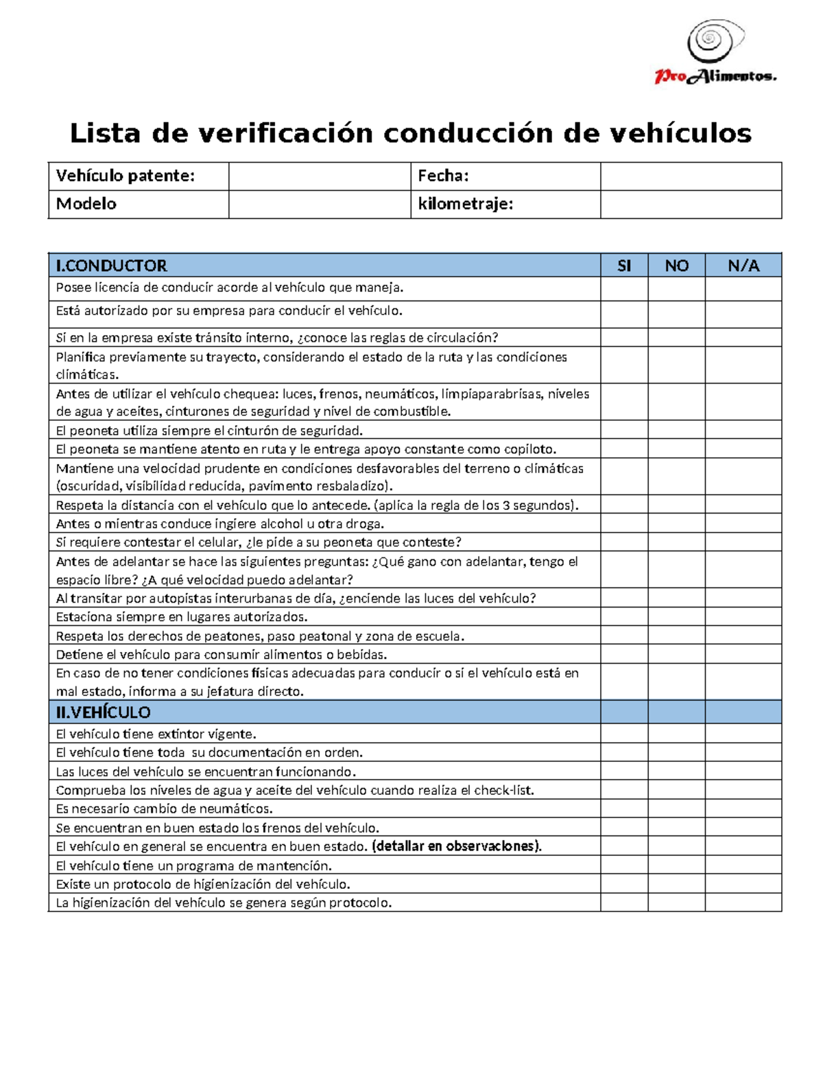Checklist vehiculo - Lista de verificación conducción de vehículos ...