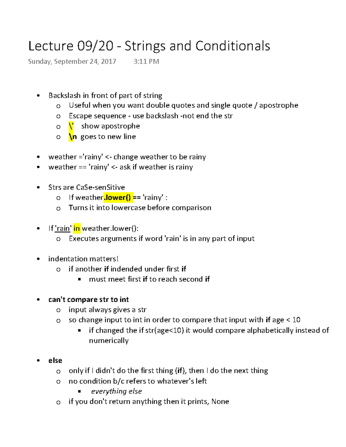 Lecture 0920 Strings And Conditionals Backslash In Front Of Part Of String Useful When You