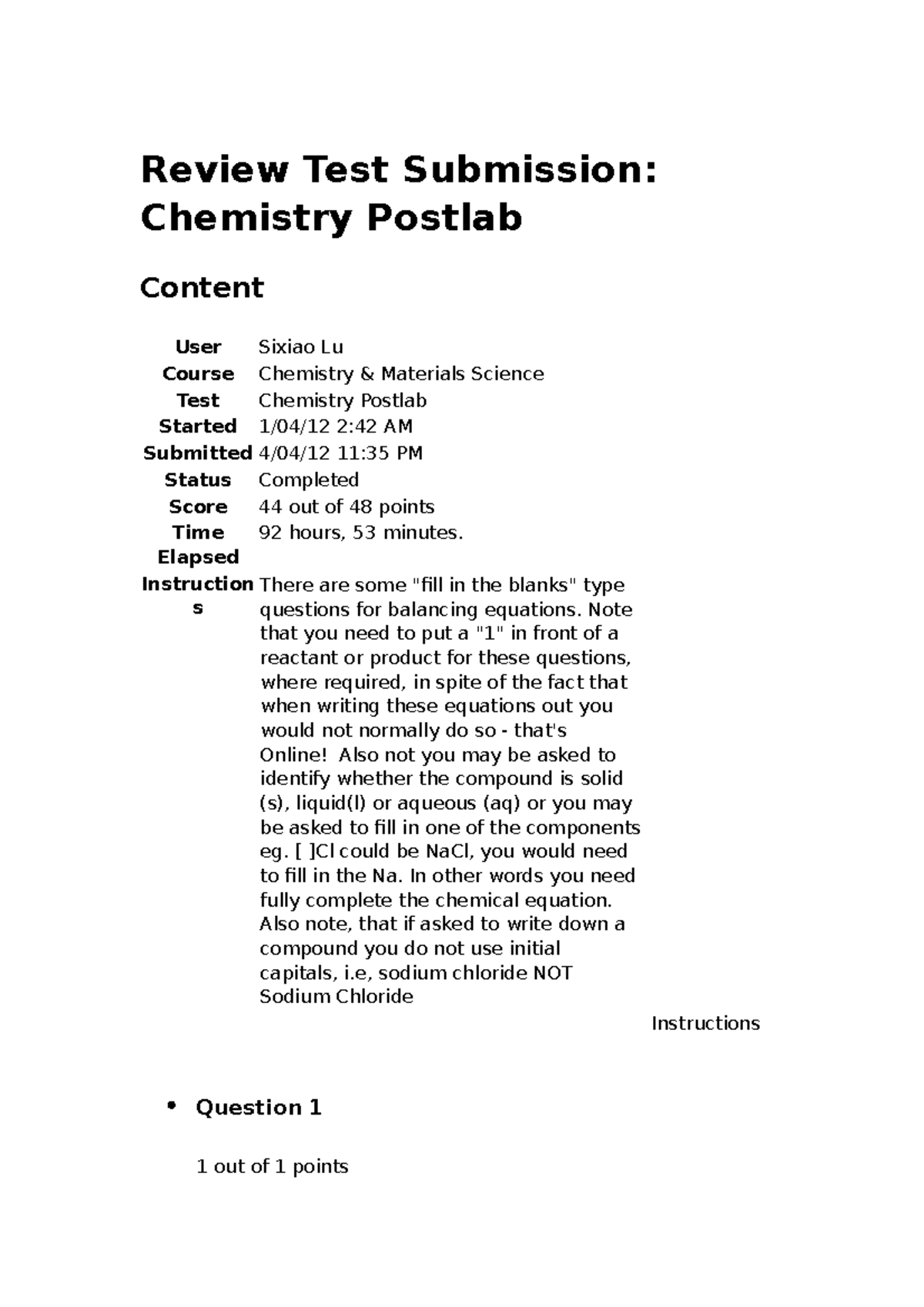 Chemistry-Postlab - Post Lab - Review Test Submission: Chemistry ...