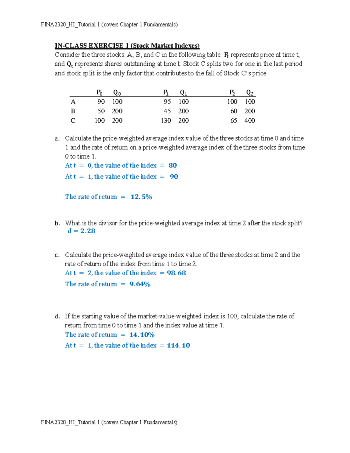 Tutorial 1 Solutions - FINA2320_HI_Tutorial 1 (covers Chapter 1 ...