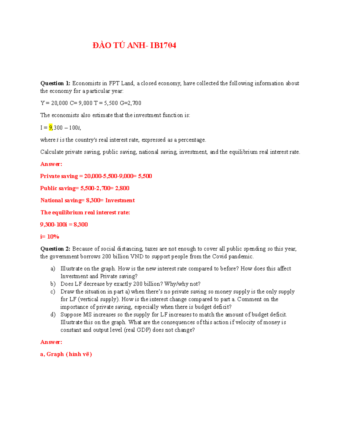 ĐTA ECO121 Individual Assignment 2 - Đ䄃O T唃Ā ANH- IB Question 1 ...