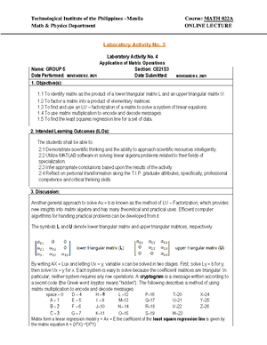 Laboratort act no - laboratory no.5 - ASSESSMENT TASKS Task 1: Given the following matrix and ...