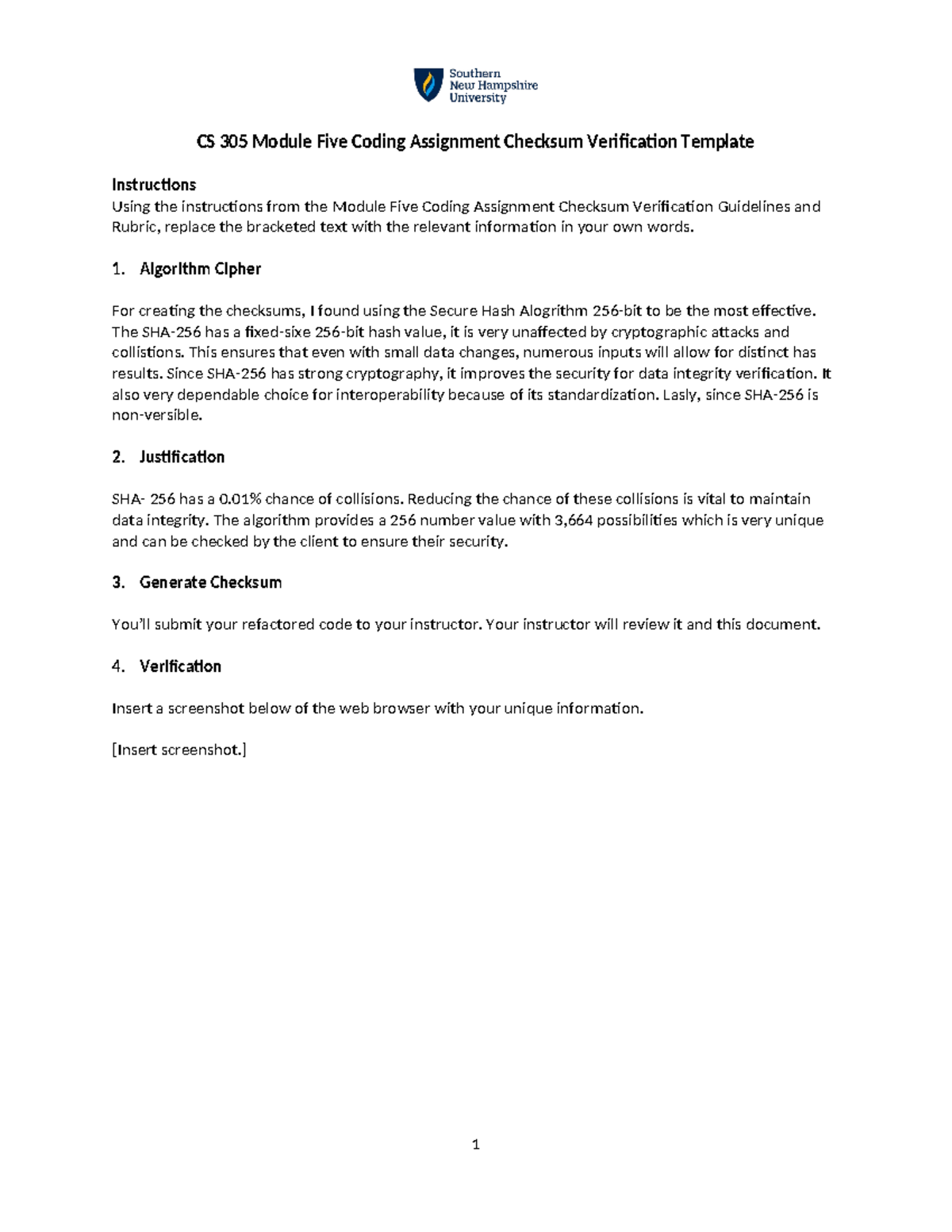 Cs 305 Module Five Coding Assignment Checksum Verification Template 1 Algorithm Cipher For