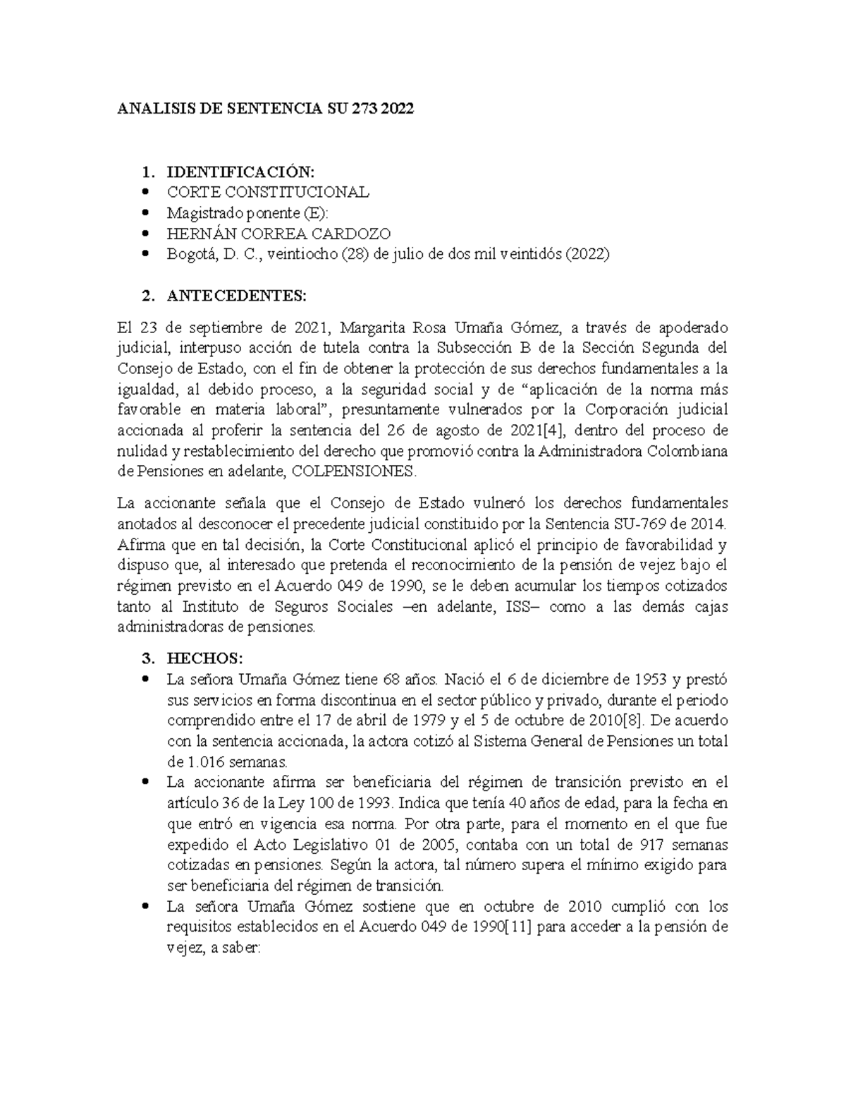 Analisis DE Sentencia SU 273 2022 - copia - ANALISIS DE SENTENCIA SU ...