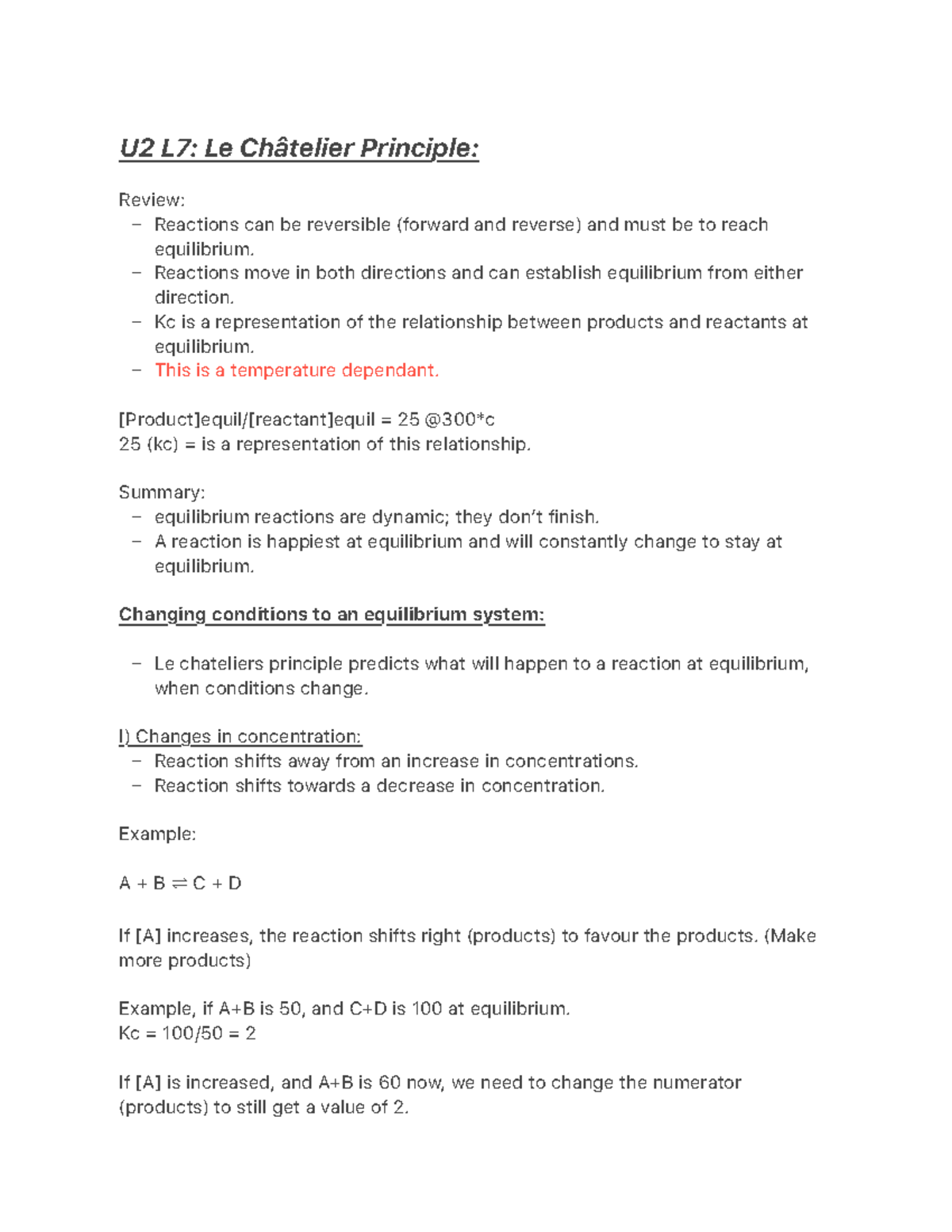 U2 L7 Le Châtelier Principle - – – – – – – – – – U2 L7: Le Châtelier Principle: Review ...