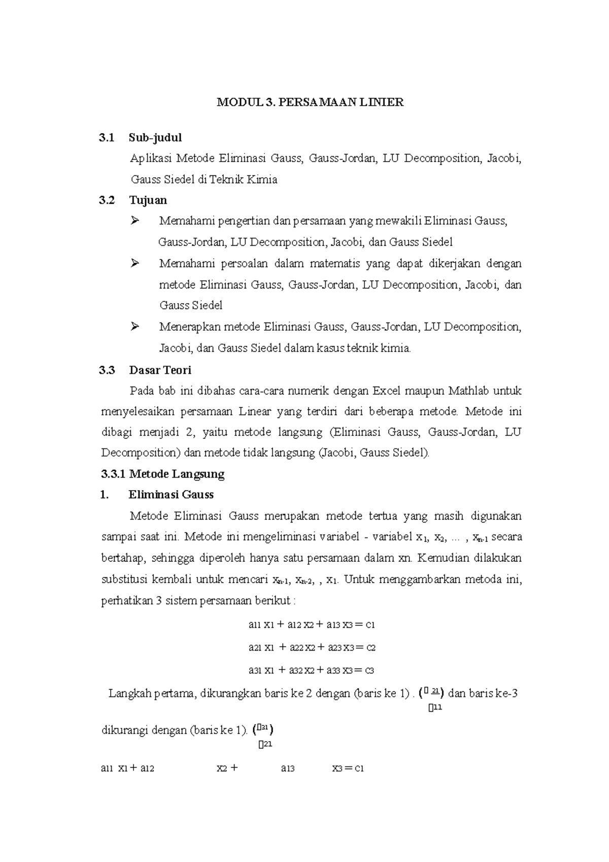 Modul 3. Persamaan Linier - MODUL 3. PERSAMAAN LINIER 3 Sub-judul ...