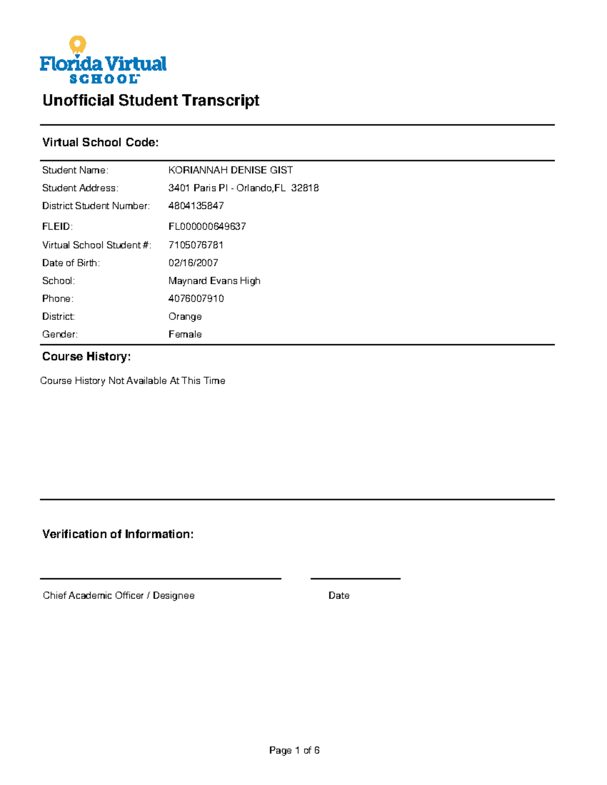Unofficial Transcript - Student Name: Student Address: 3401 Paris Pl ...