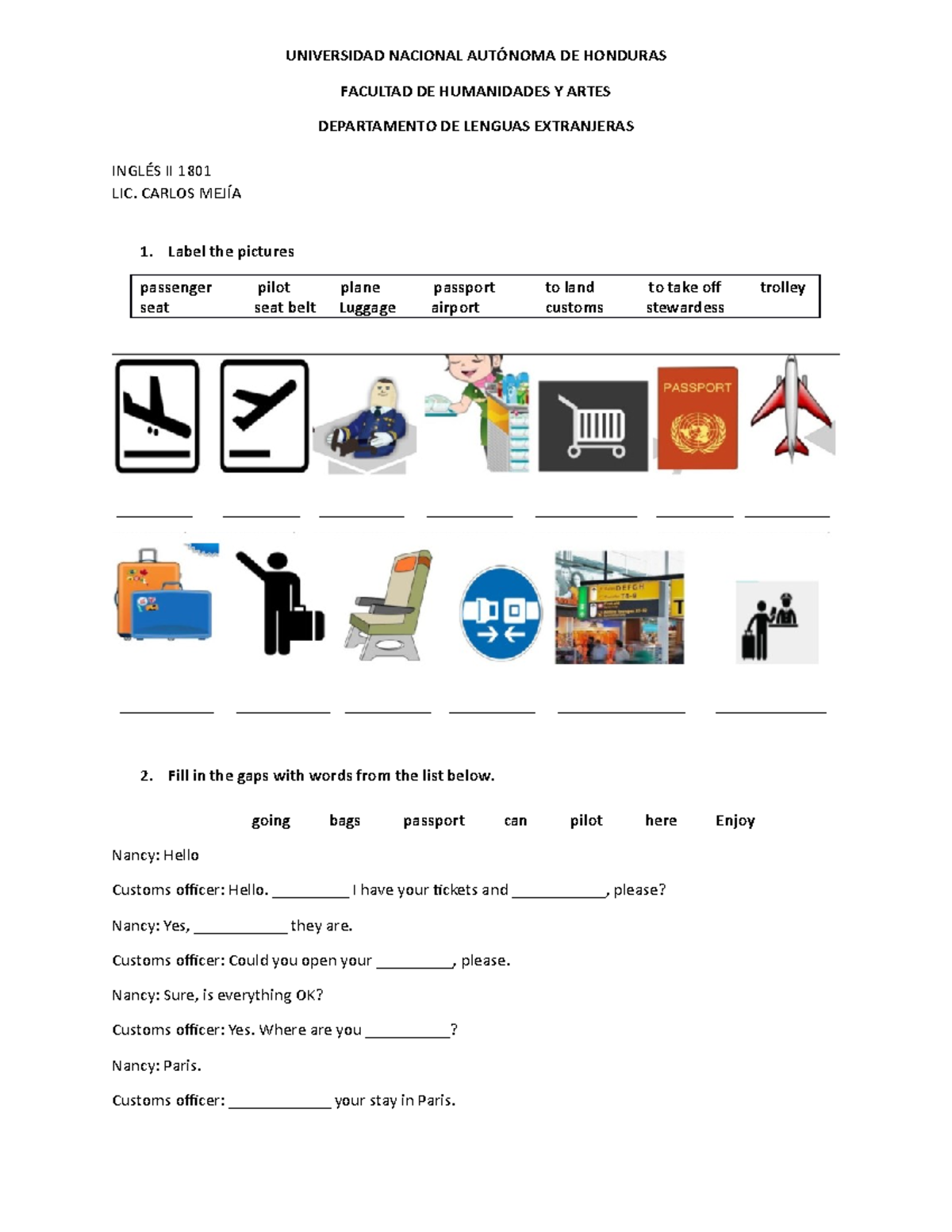 At the Airport Worksheet 5 - UNIVERSIDAD NACIONAL AUTÓNOMA DE HONDURAS ...