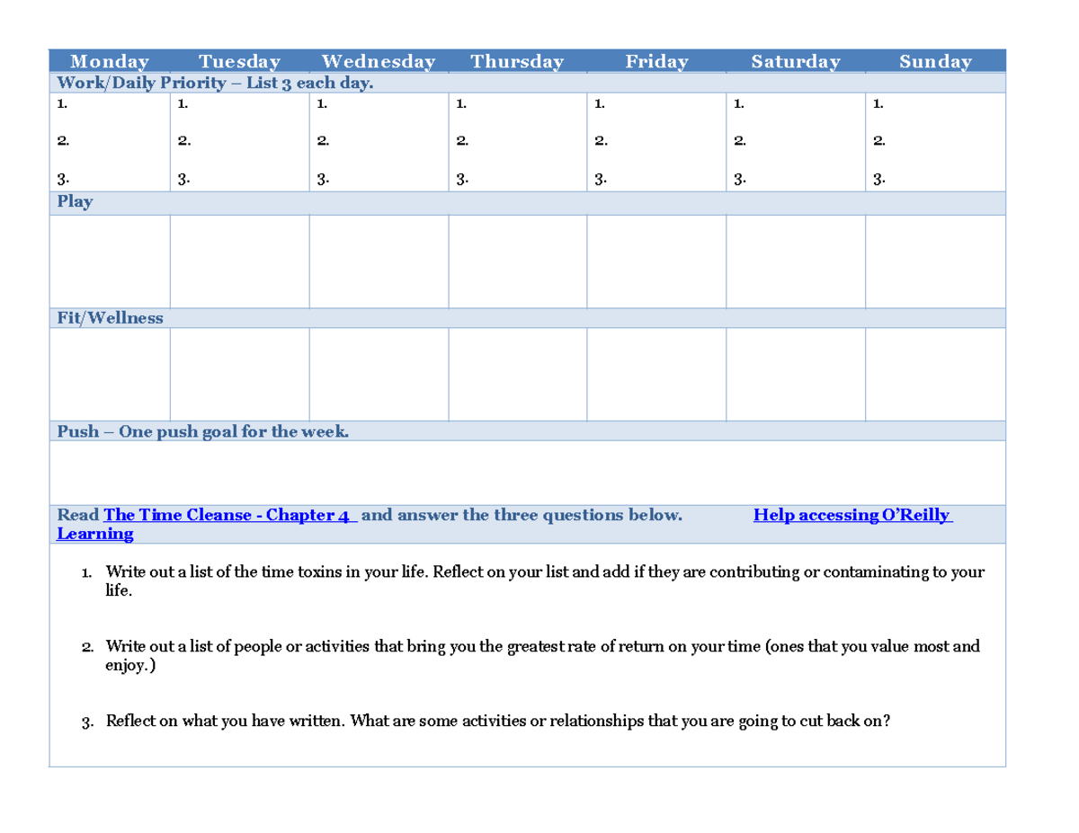Psychology of play week 2 template for plan - Monday Tuesday Wednesday ...
