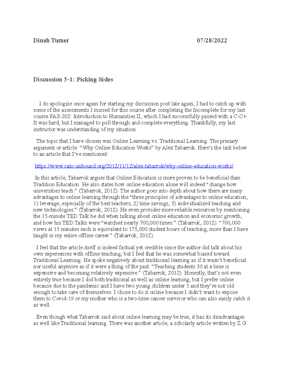 Discussion 5-1 Picking Sides - Dinah Turner 07/28/ Discussion 5-1 ...