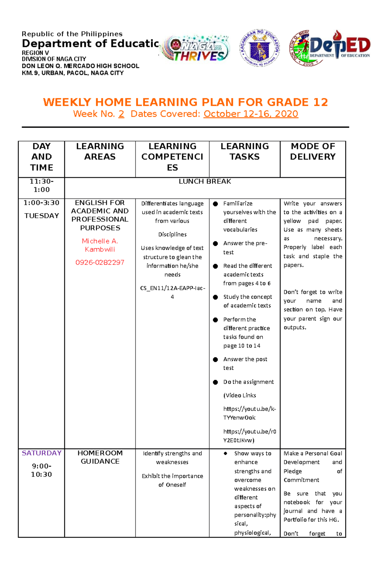 Week2- Weekly Home Learning Plan for Grade 12 - Republic of the ...