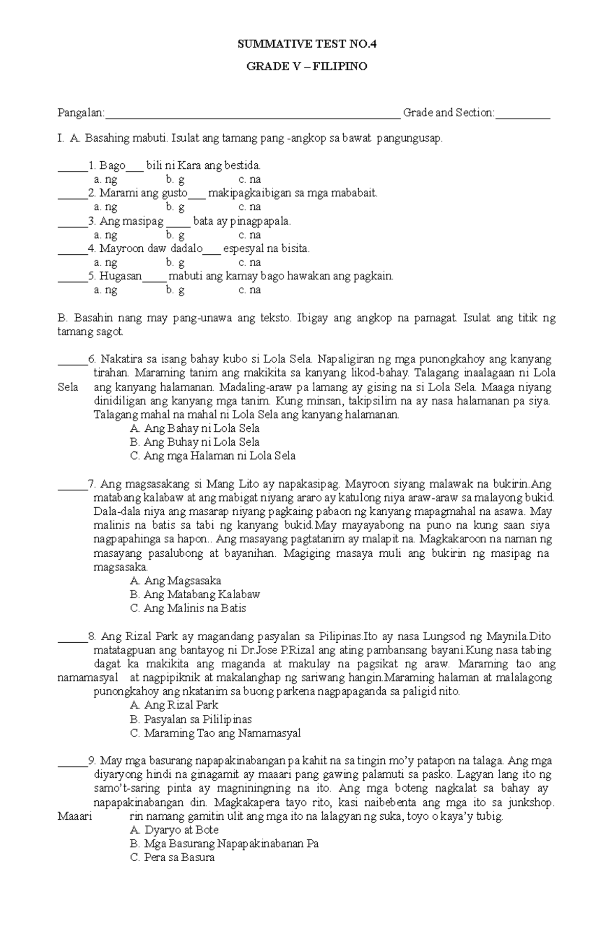 Filipino G5 Q3 Sum Test #4 - SUMMATIVE TEST NO. GRADE V – FILIPINO ...