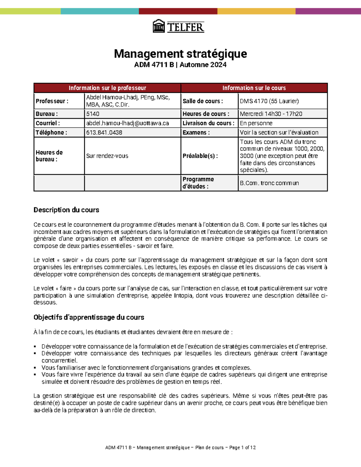 ADM 4711 B - Automne 2024 - plan de cours - Management stratégique ADM ...