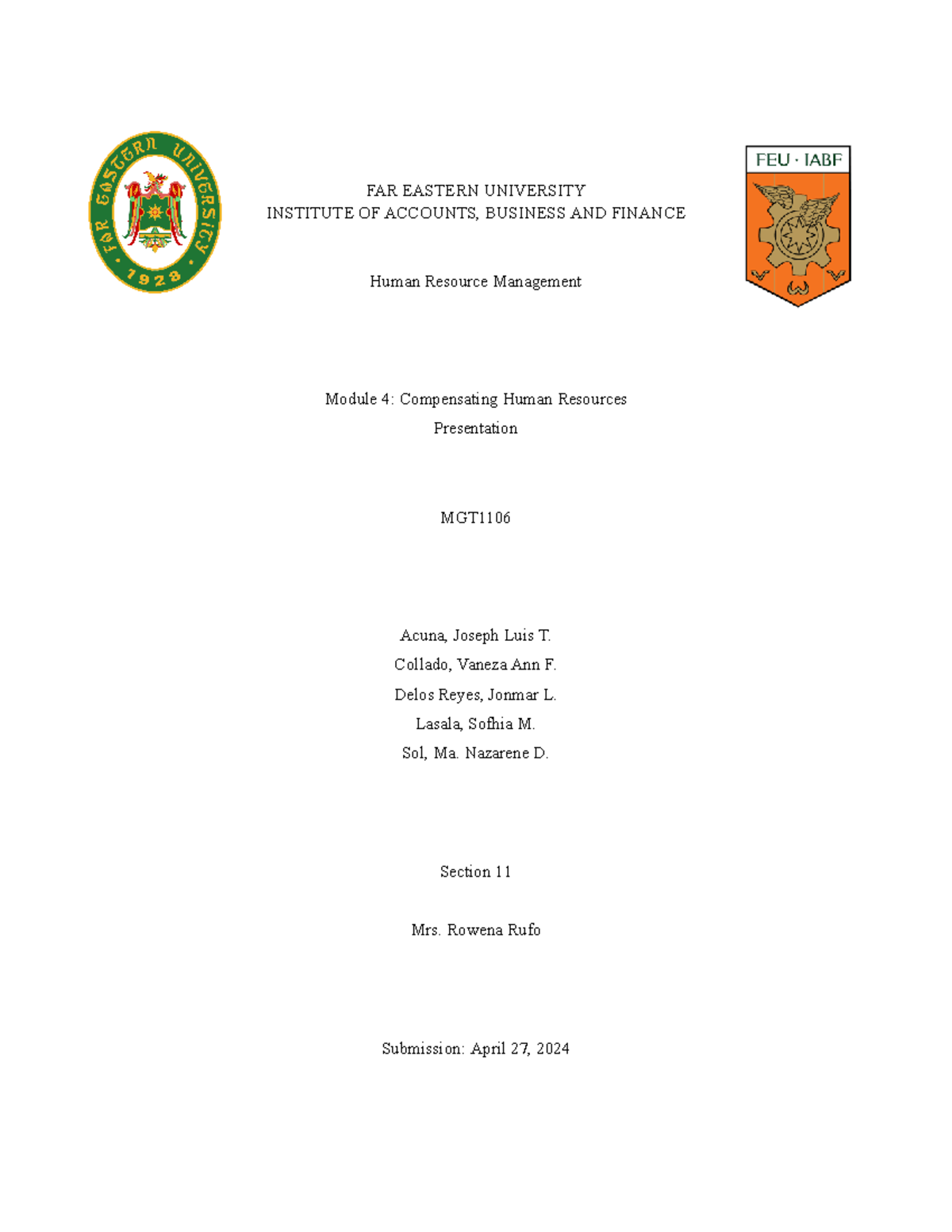 Cover page - Human Resource Management - FAR EASTERN UNIVERSITY ...