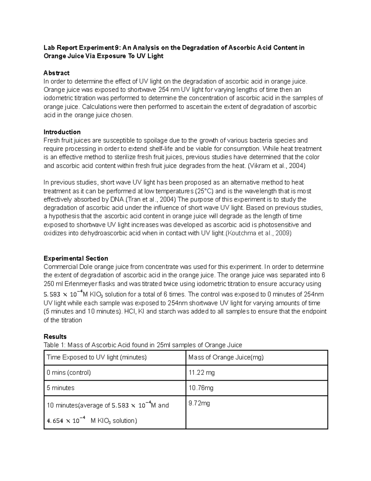 Lab Report Experiment 9 - Orange juice was exposed to shortwave 254 nm ...