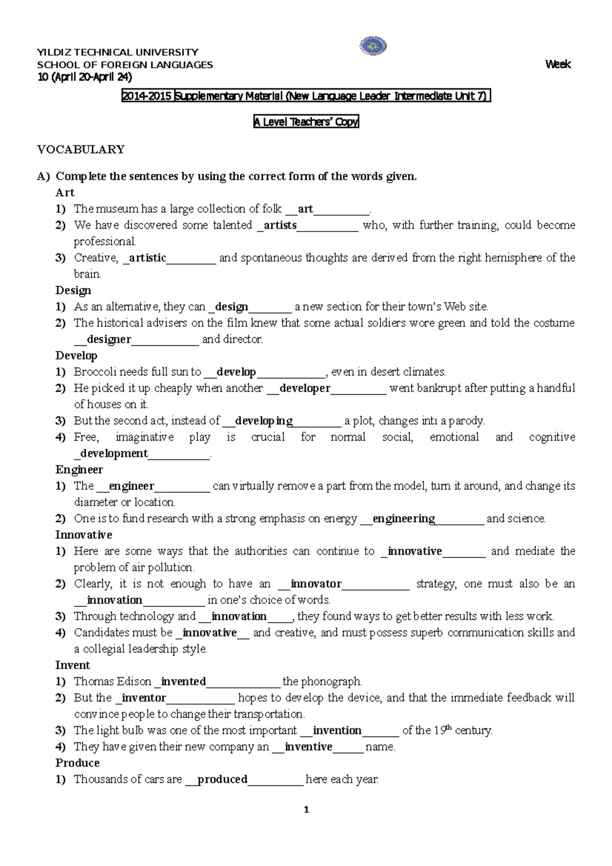 New Language Leader supp mat A Unit 7 - Answer Key - SCHOOL OF FOREIGN ...