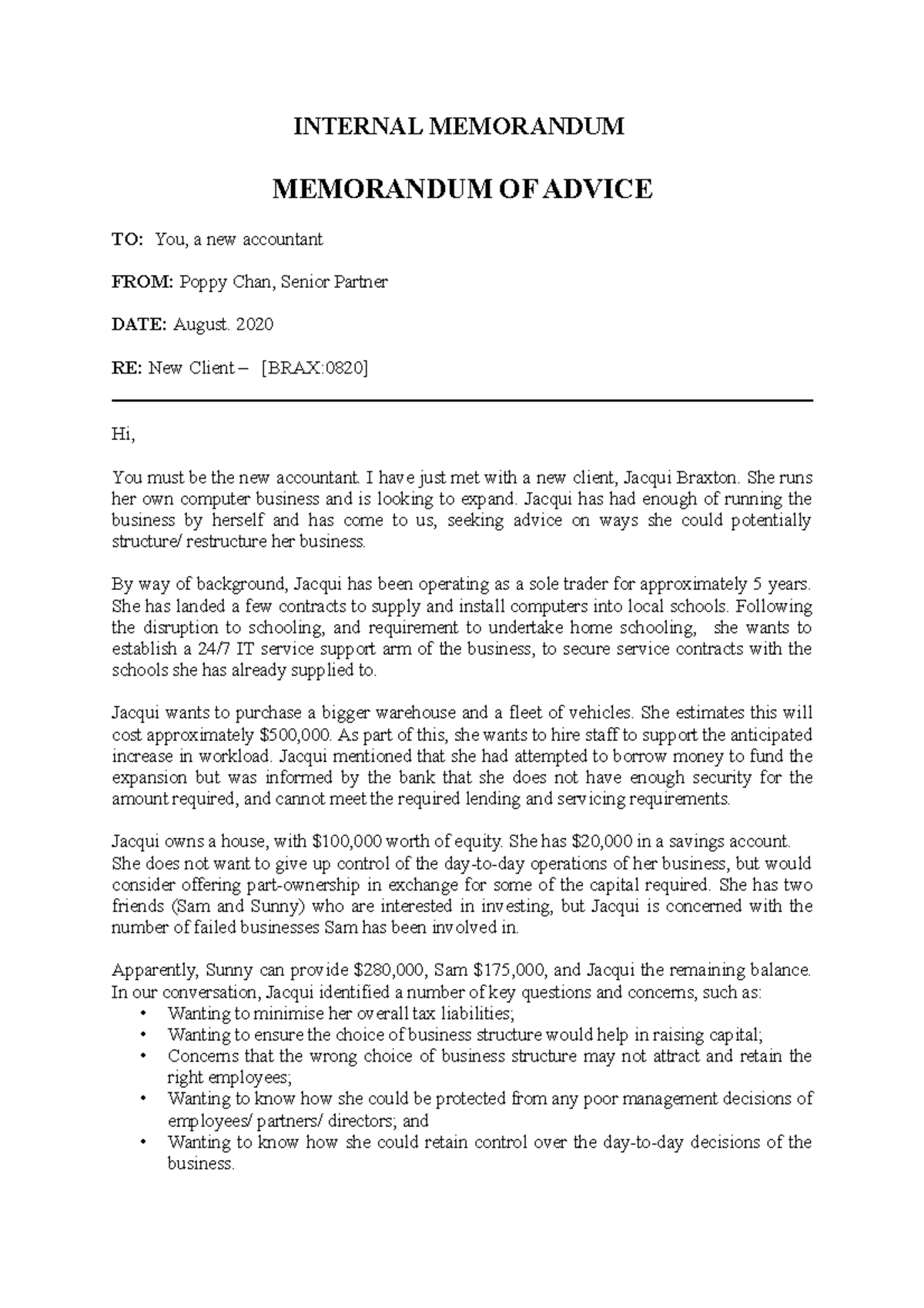 Assess 1 - Memo of Advice on business structures - INTERNAL MEMORANDUM ...