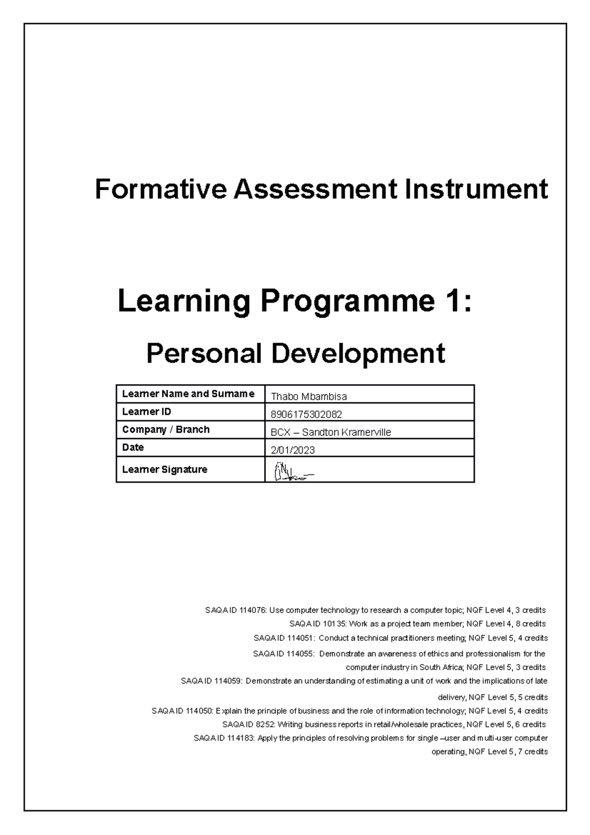 Learning Programme 1- Formative Assessment Instrument - Formative ...