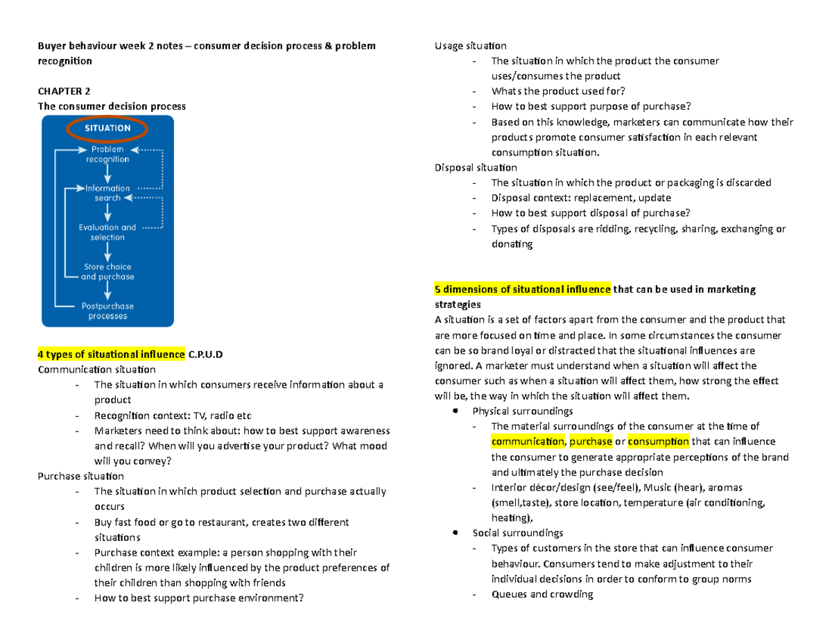 Week 2 notes - Buyer behaviour week 2 notes – consumer decision process ...