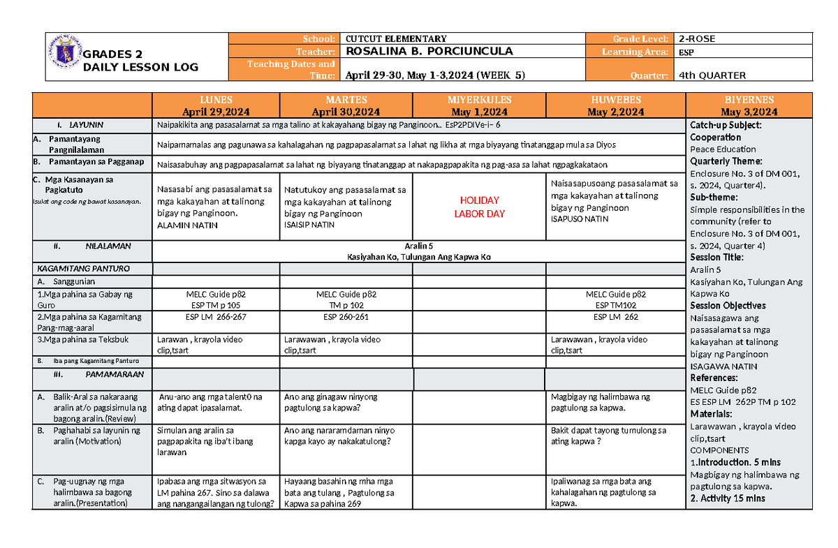 DLL All Subjects-G2 Q4 WEEK 5 with catch up - , GRADES 2 DAILY LESSON LOG School: CUTCUT ...