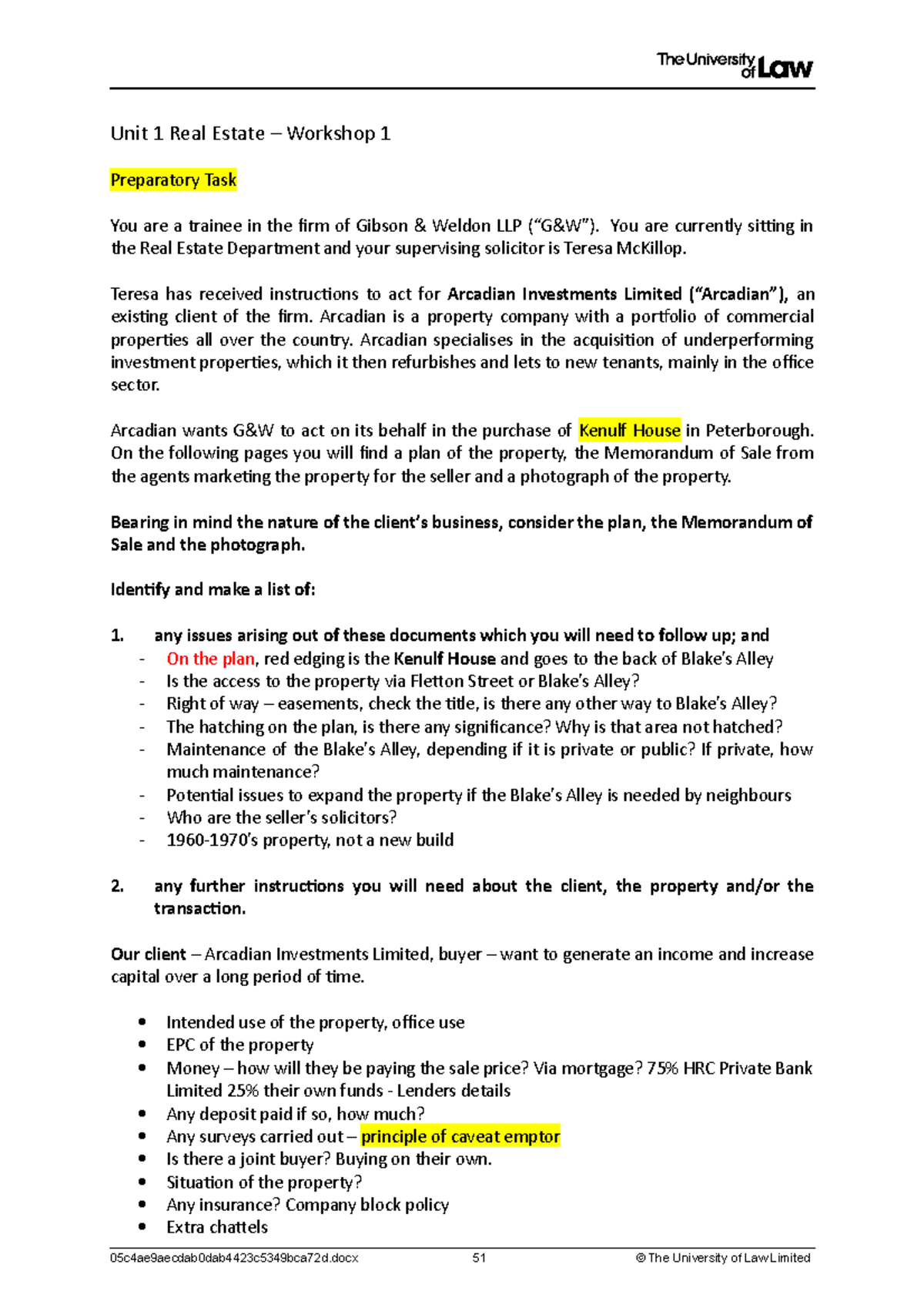 Unit 1 Real Estate Workshop - Unit 1 Real Estate – Workshop 1 Preparatory Task You are a trainee ...