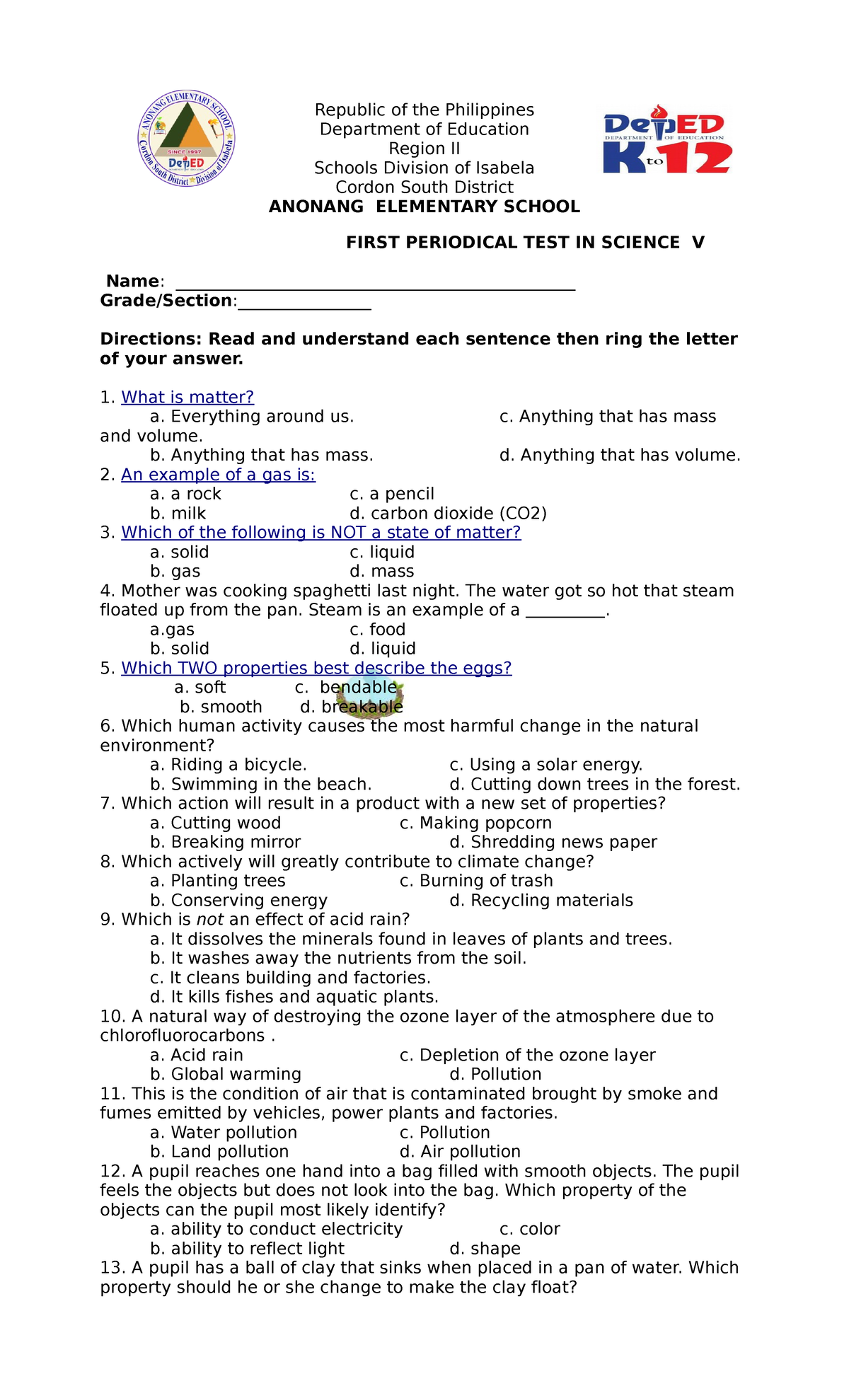 PT Science 5 Q1 - HELPFUL - Republic of the Philippines Department of ...