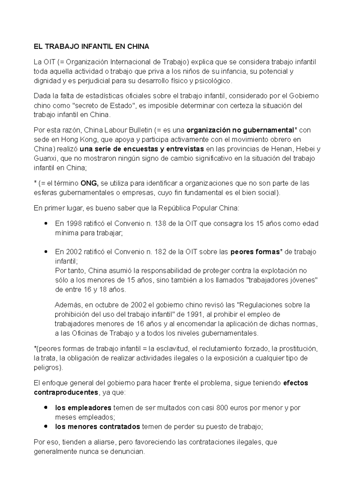 Spagnolo - El trabajo infantil en China (Testo) - EL TRABAJO INFANTIL ...