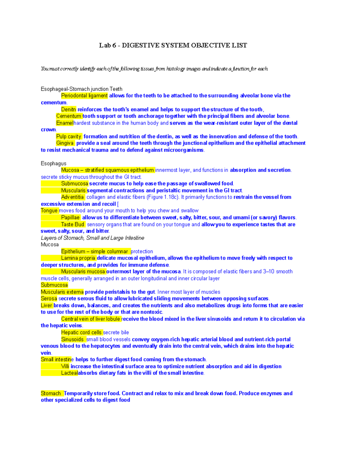 Lab 6 - Digestive System Objective LIST - Lab 6 - DIGESTIVE SYSTEM ...