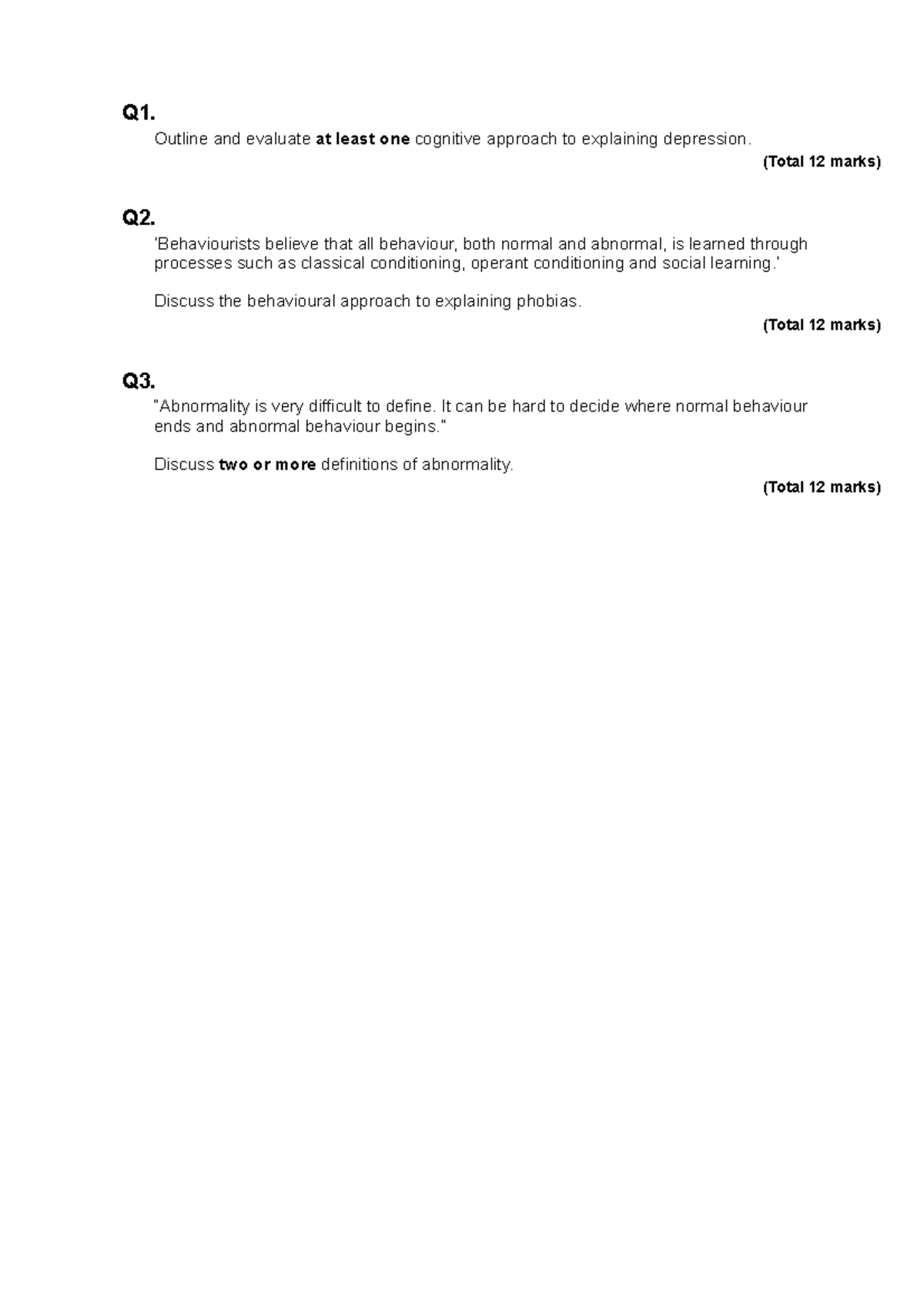 Mark Schemes Abnormality Essays Q1 Outline And Evaluate At Least One Cognitive Approach To
