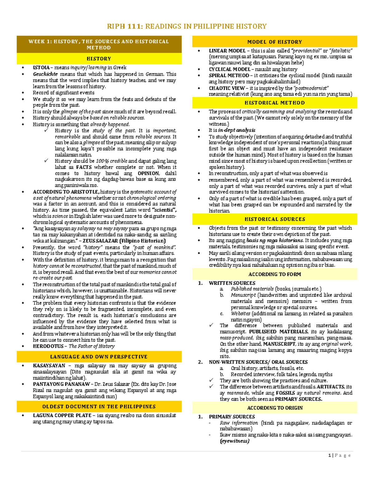 RIPH-Wk1 - RIPH 111: READINGS IN PHILIPPINE HISTORY 1 | P a g e WEEK 1 ...