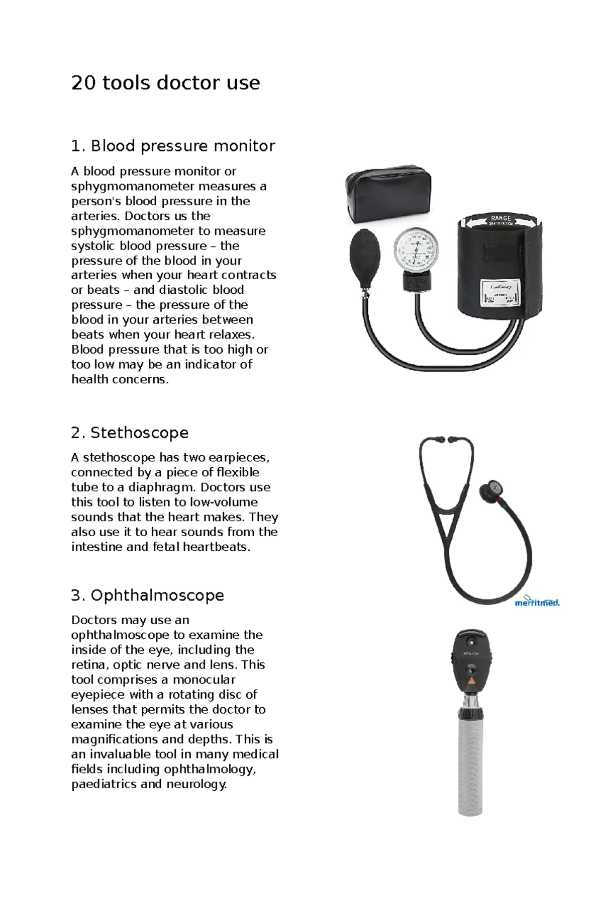 20 tools doctor use - 20 tools doctor use 1. Blood pressure monitor A ...