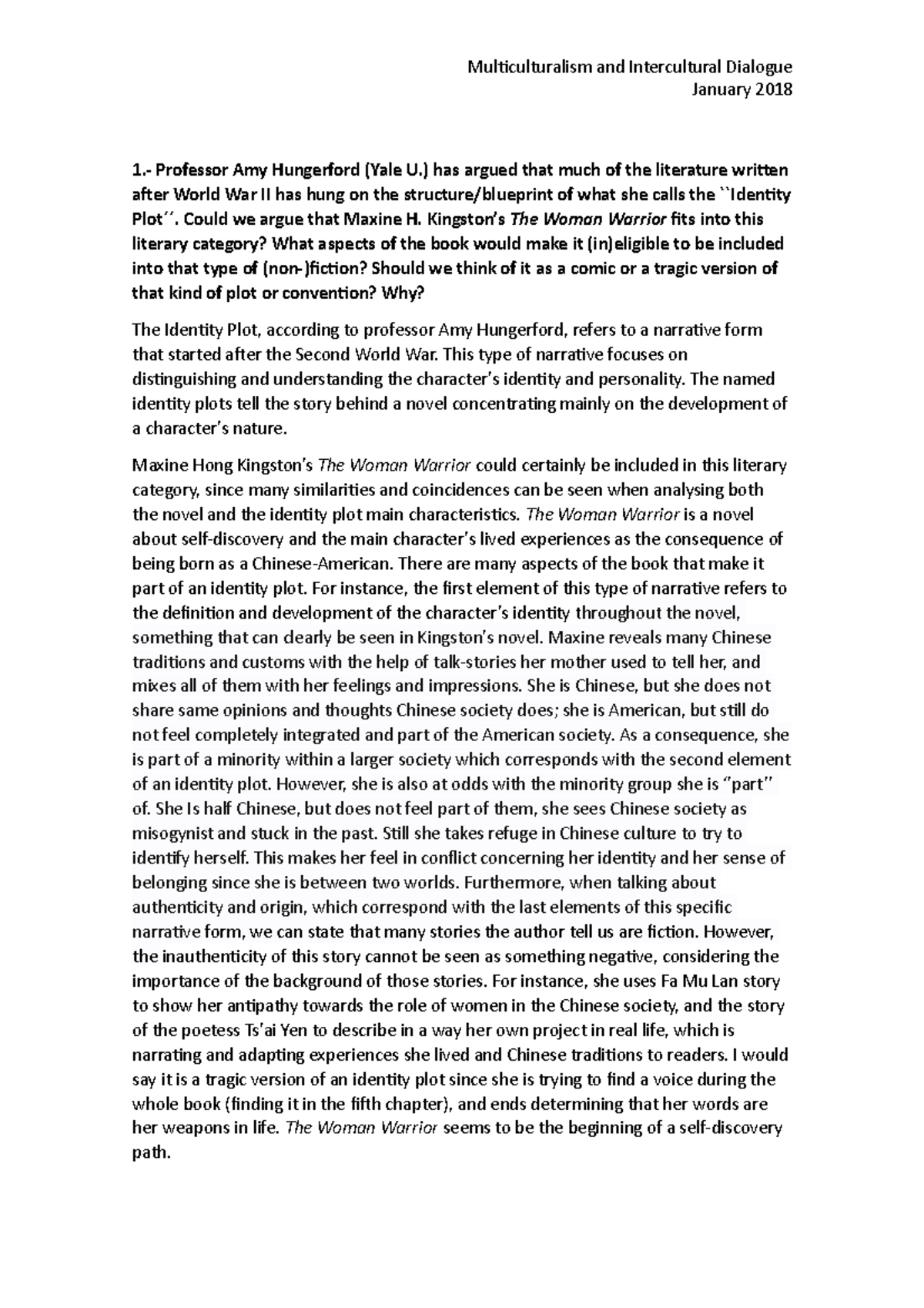 Part I, Question 1 Multiculturalism and I. Dialogue exam ...