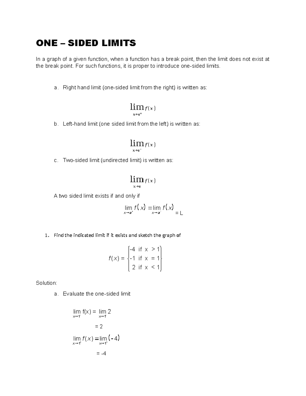 ONE- Sided Limit - ONE – SIDED LIMITS In a graph of a given function ...