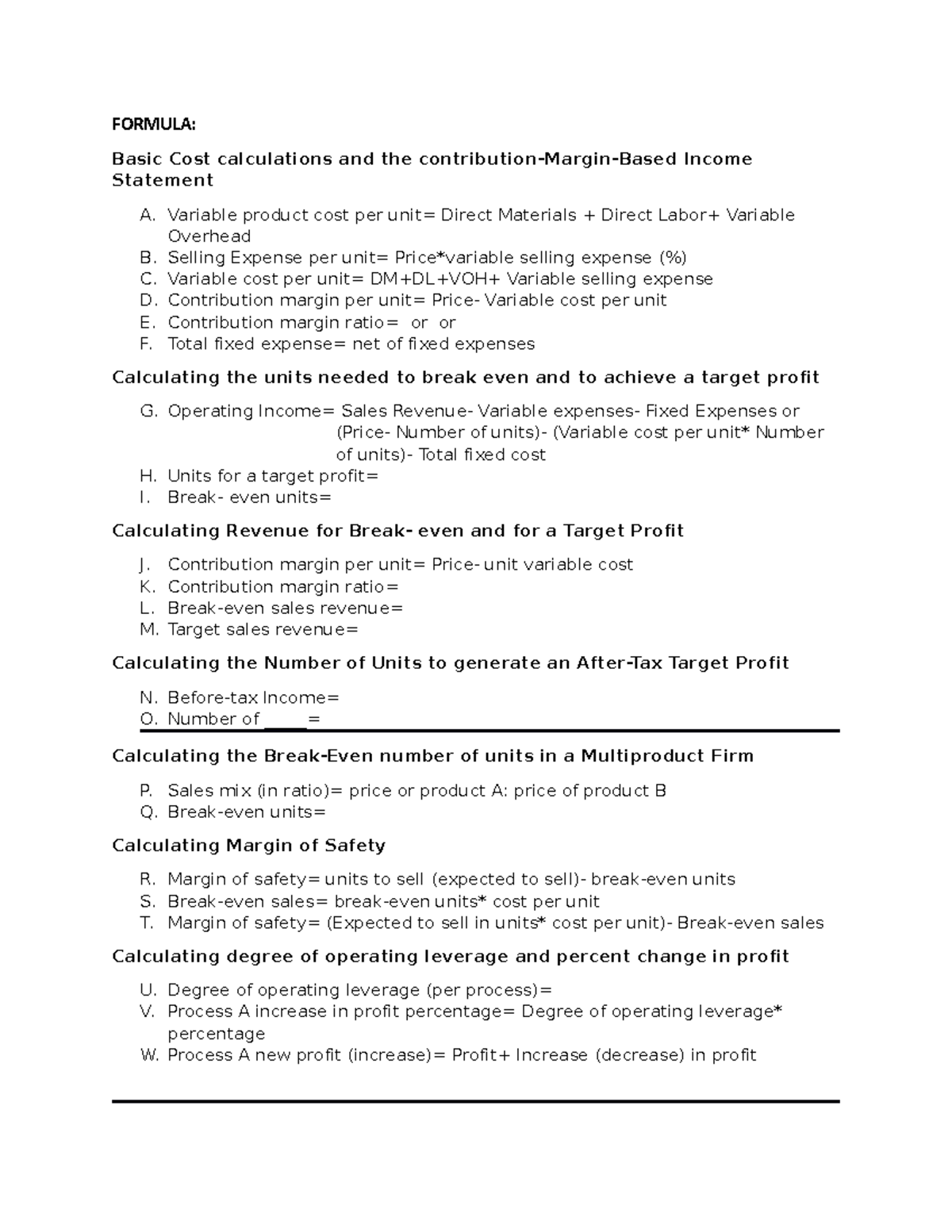 CVP Analysis Ch. 1- Formula - FORMULA: Basic Cost calculations and the ...
