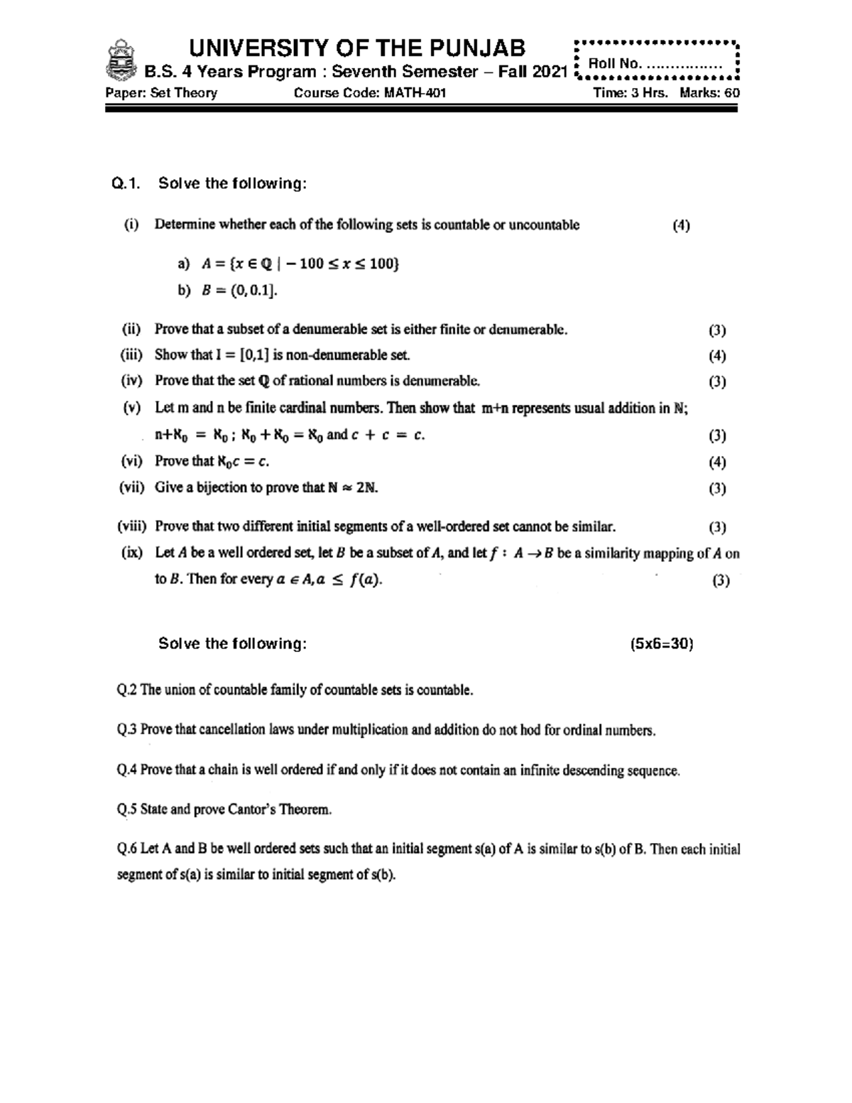 P2021 MATH-401 - Mathematics - Q. Solve the following: Solve the following: (5x6=30) Roll No ...
