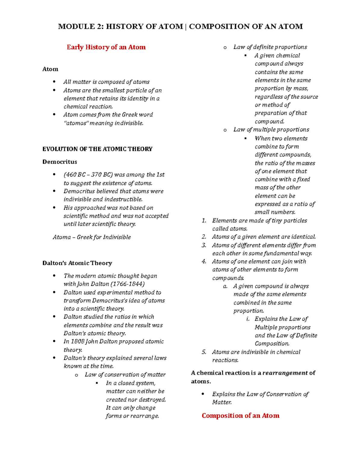 Module 2 Atomic Structure - Early History of an Atom Atom All matter is ...