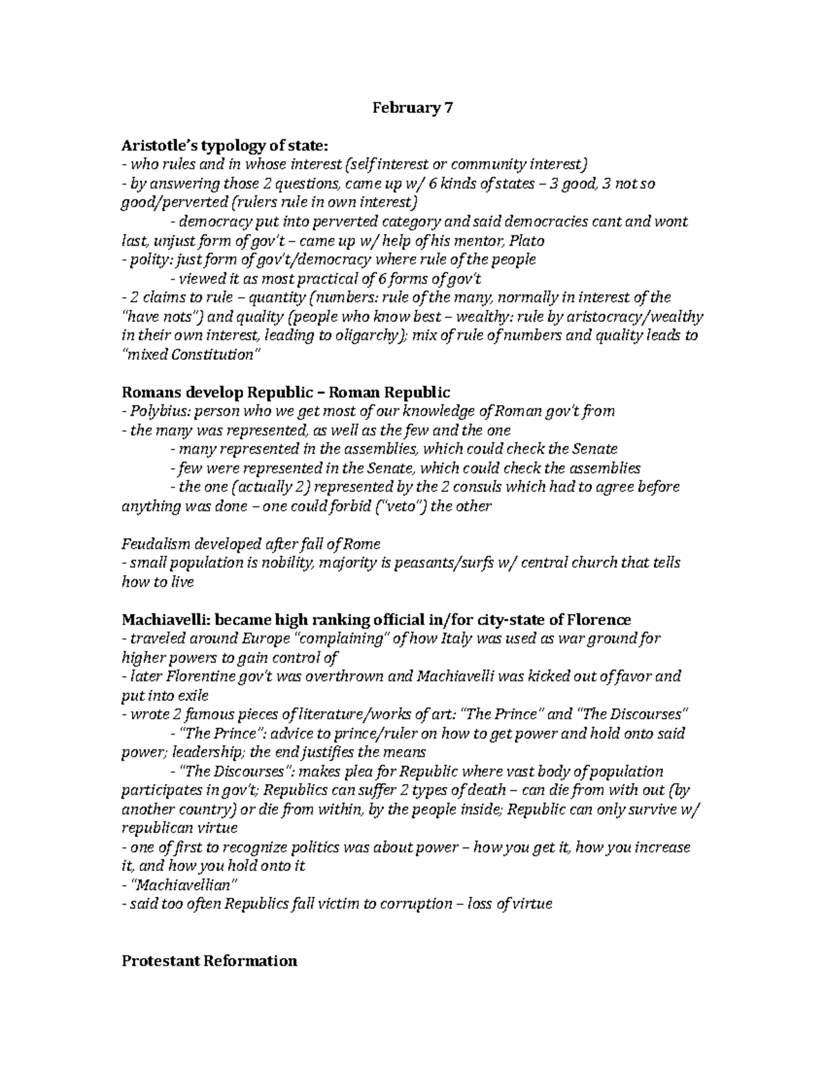 February 7 - Class notes - February 7 Aristotle’s typology of state ...