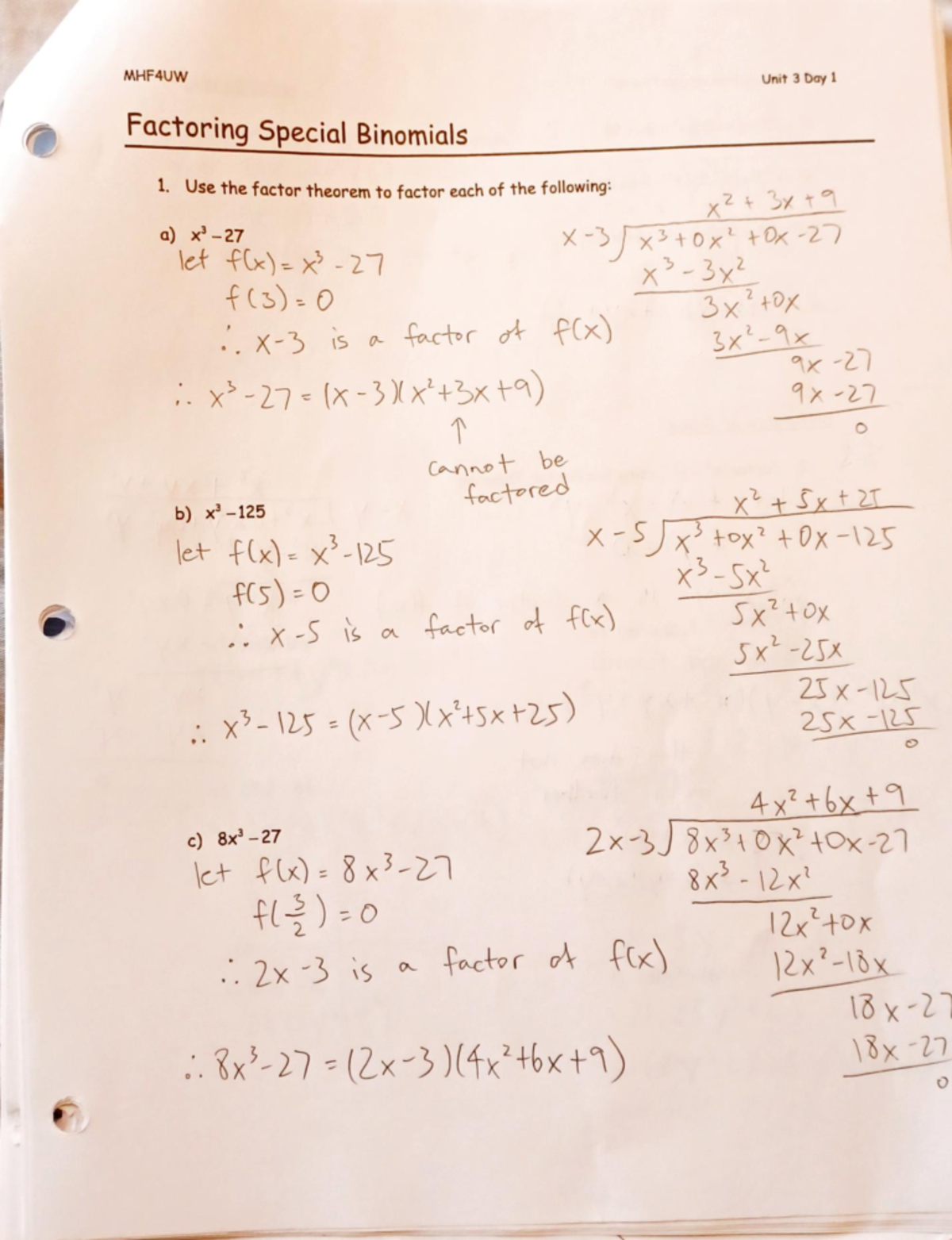 Unit 3 MHF4U - help - MHF4UW Unit 3 Day 1 Factoring Special Binomials 1 ...