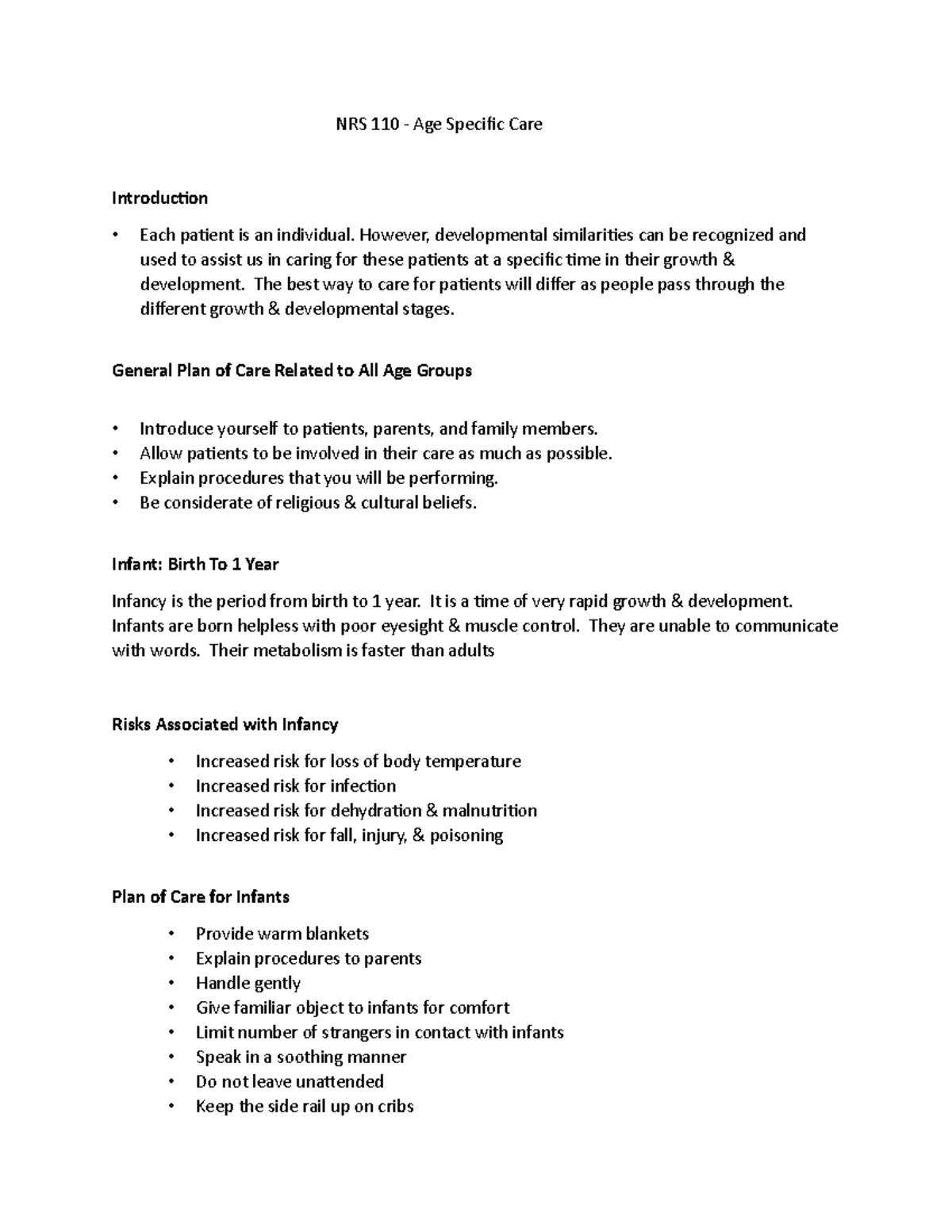 NRS 110 - Age Specific Care - NRS 110 - Age Specific Care Introduction ...