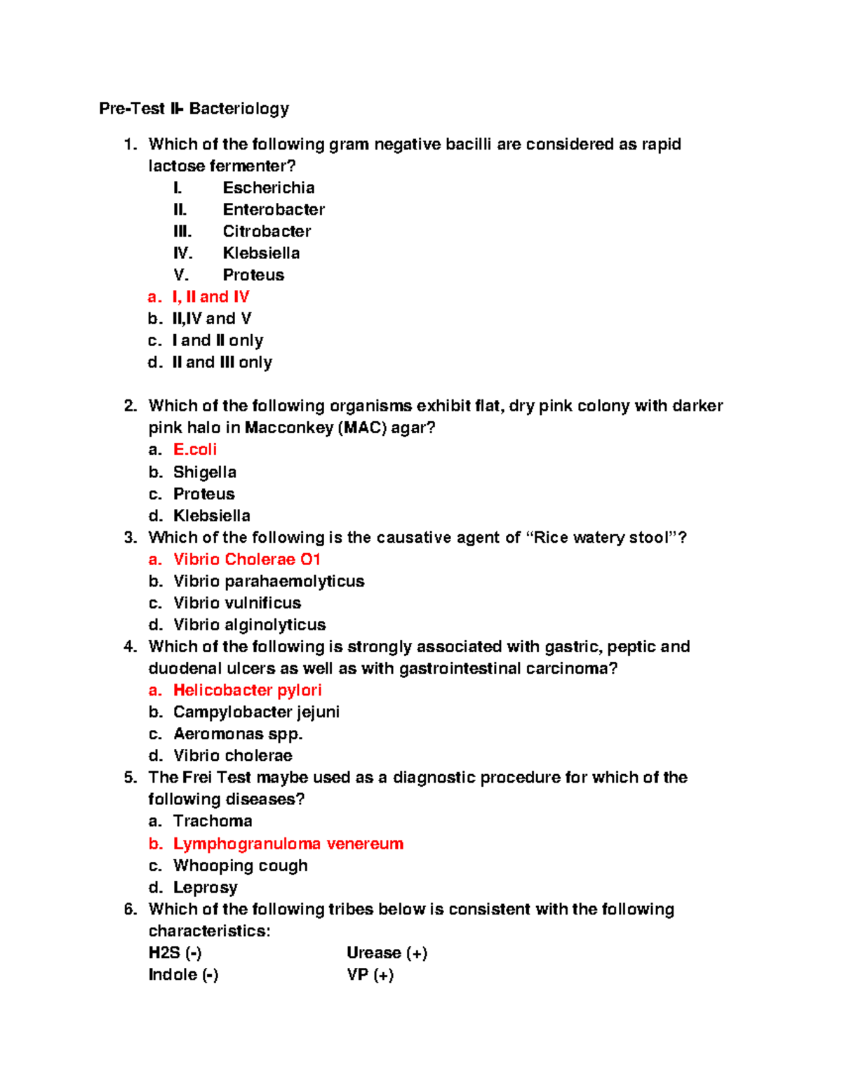 PRE TEST II Bacte - Pre-Test II- Bacteriology Which of the following ...