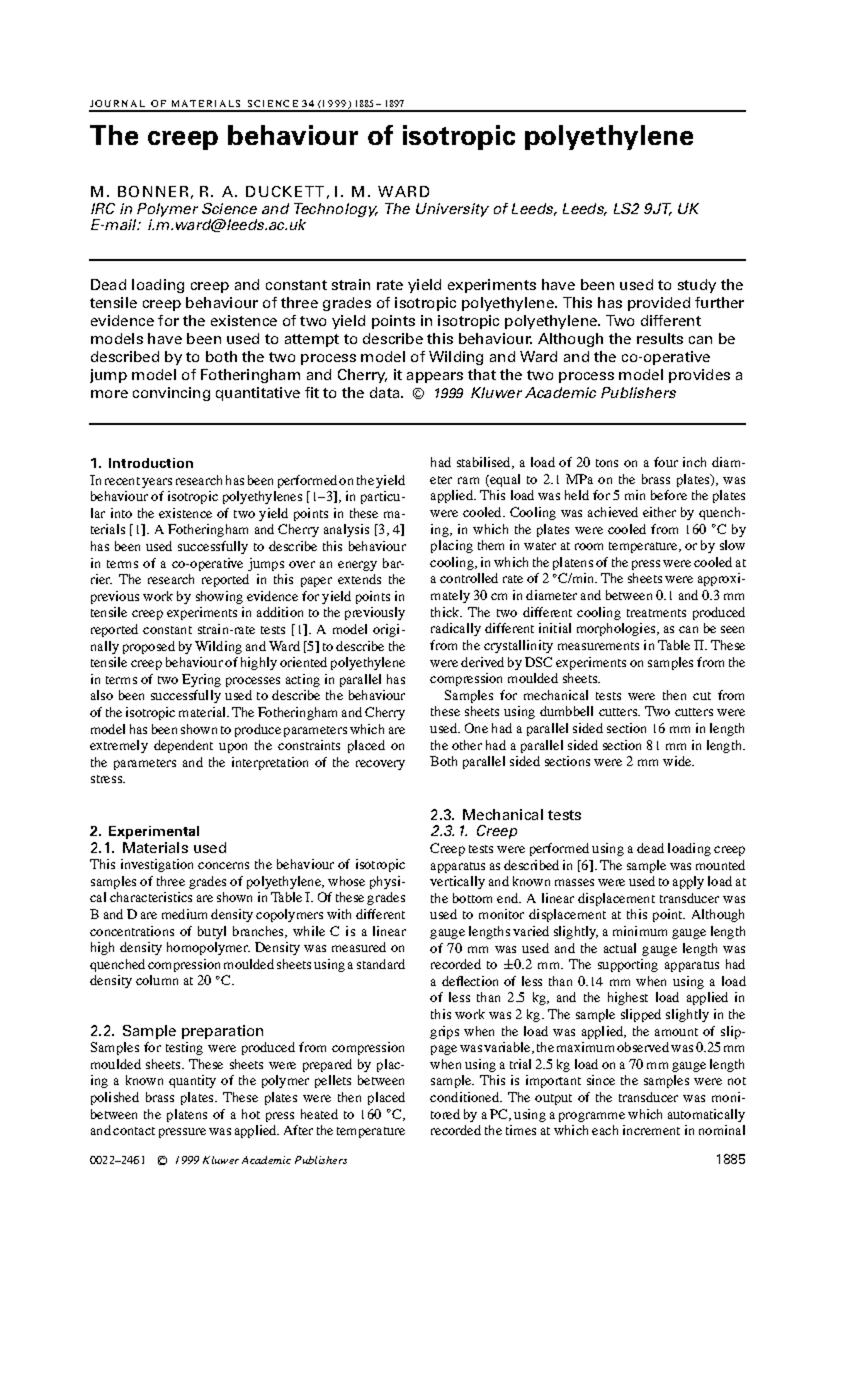 The creep behaviour of isotropic polyethylene - BONNER, R. A. DUCKETT ...