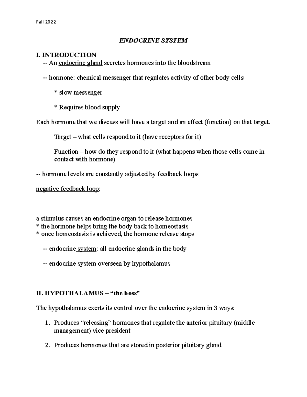 A215 Endocrine System Fall2022 - ENDOCRINE SYSTEM I. INTRODUCTION - An ...