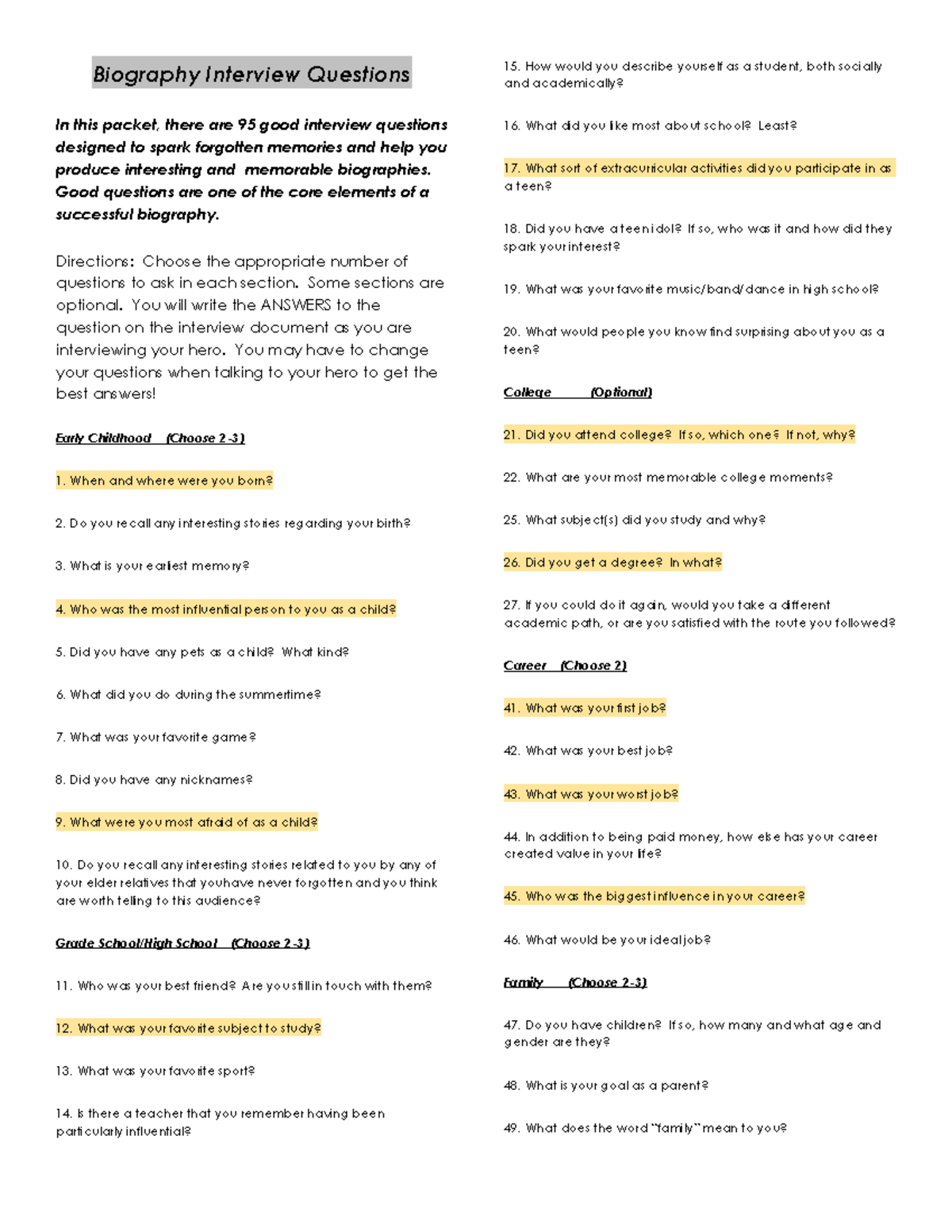 Copy of Hero interview questions worksheet - Biography Interview ...