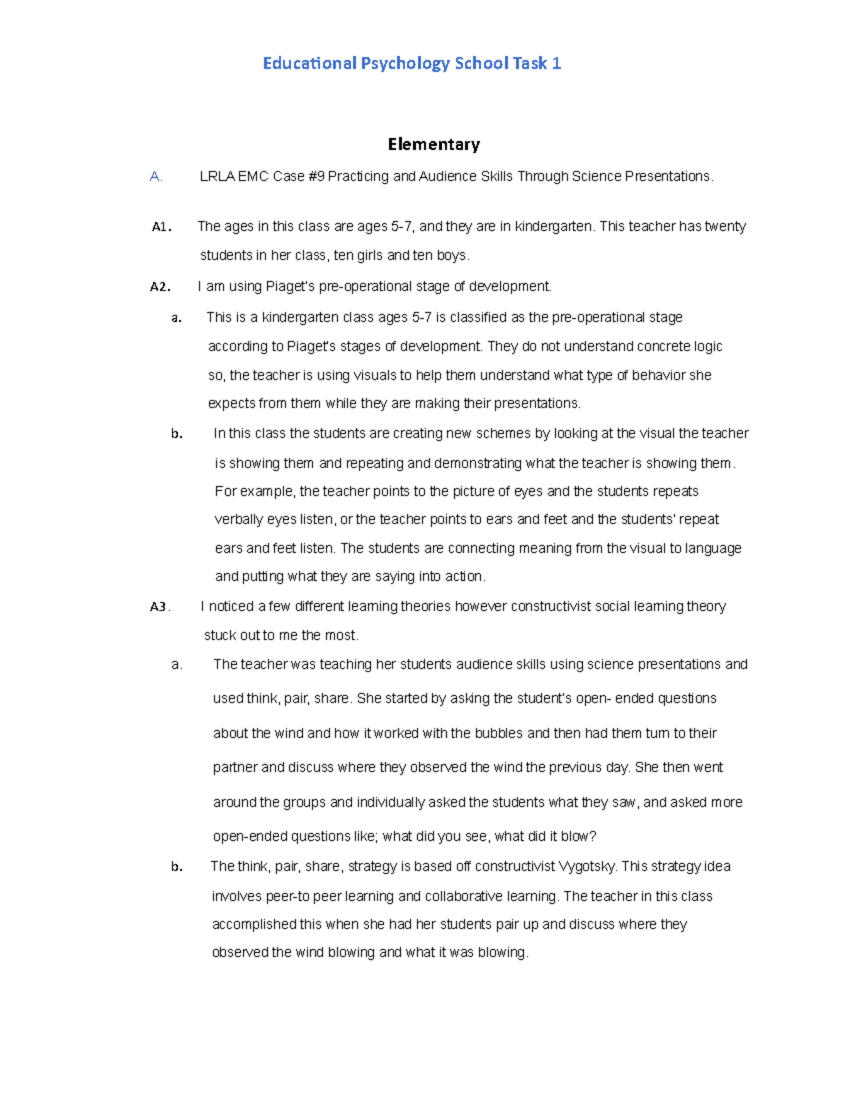 Educational Psychology Task 1 - Elementary A. LRLA EMC Case #9 ...