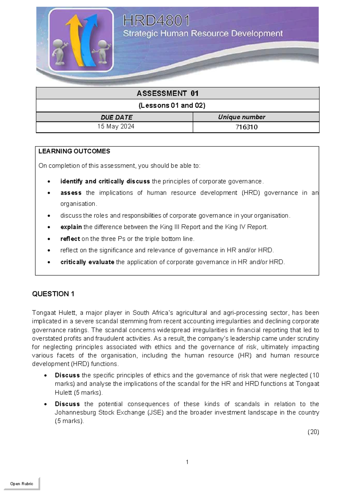 Assessment 01 HRD4801 2024 - 1 ASSESSMENT 01 (Lessons 01 and 02) DUE ...