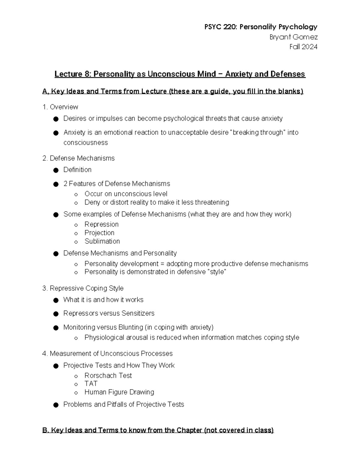 08 Unconscious Mind Anxiety and Defense BNG Fall2024 - PSYC 220 ...