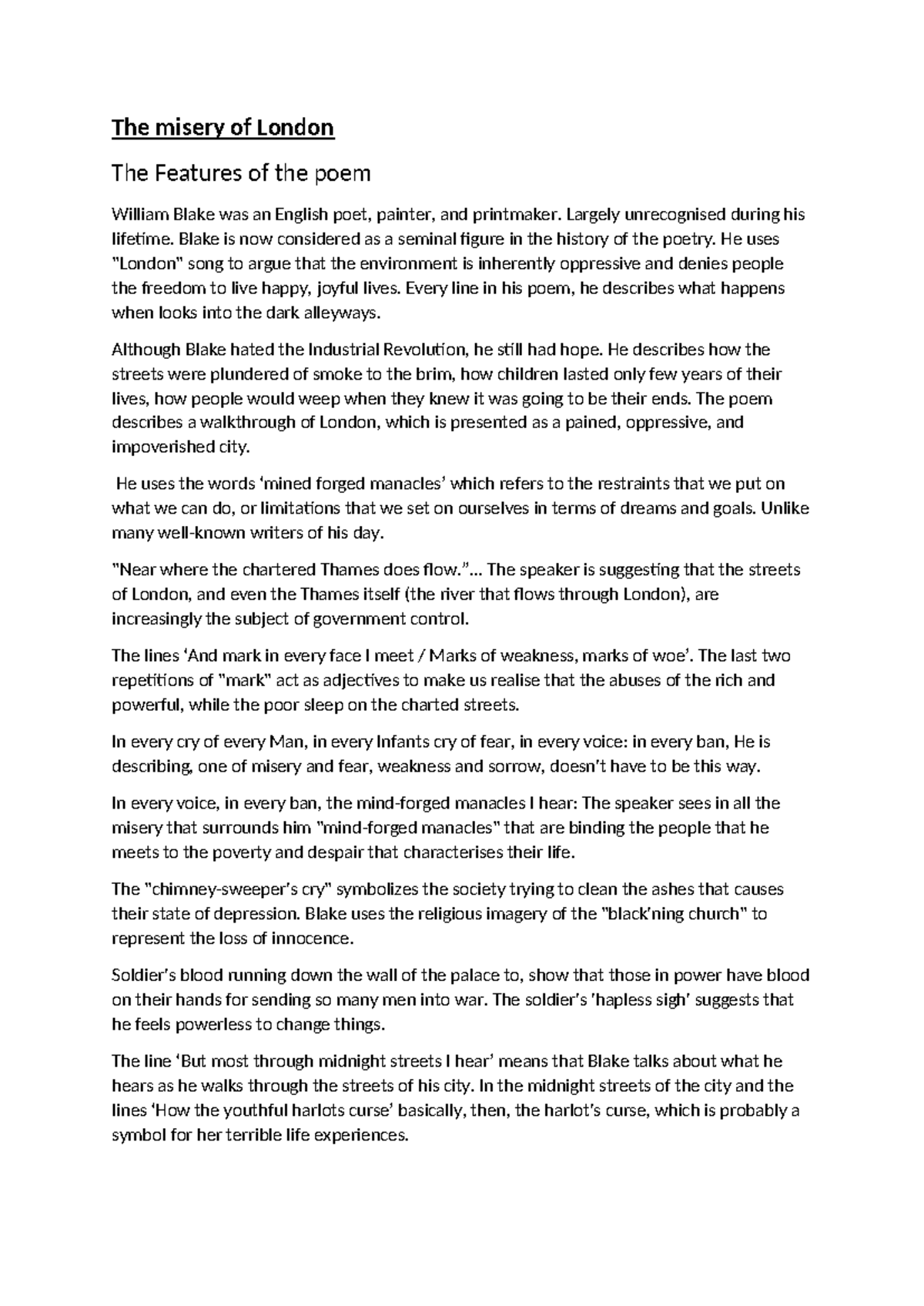The Features of the poem - The misery of London The Features of the ...