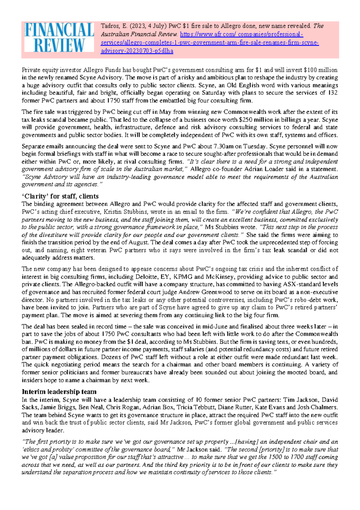 Tadros Allego - Tadros, E. (2023, 4 July) PwC $1 fire sale to Allegro ...